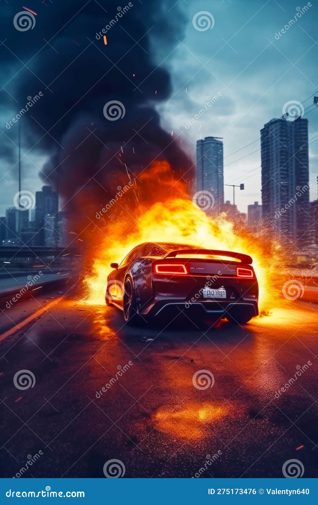 Car that is on Fire on Road with Buildings in the Background ...