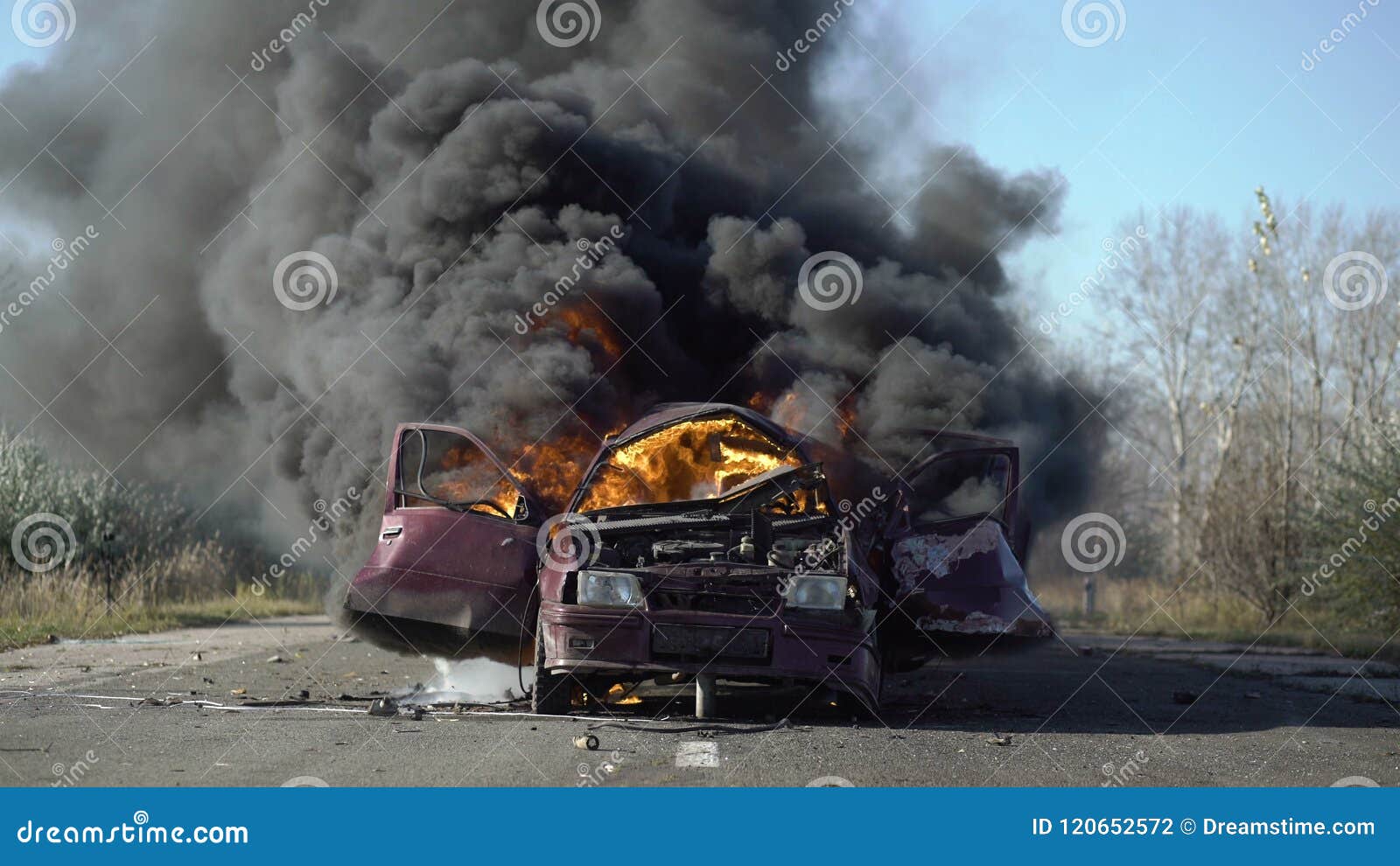 Car on Fire on the Road. Car Explosion. Stock Photo - Image of ...