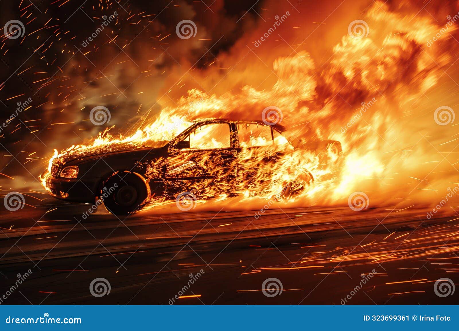 A Car in Flames with Thick Black Smoke Background Stock Image - Image ...