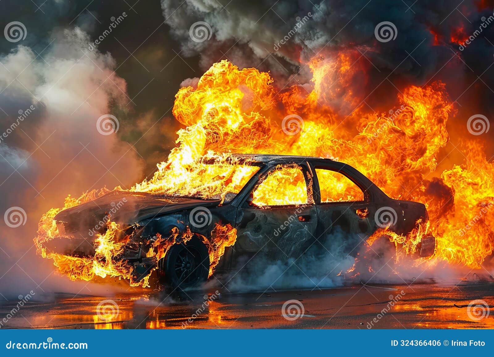 A Car in Flames with Thick Black Smoke Background Stock Photo - Image ...