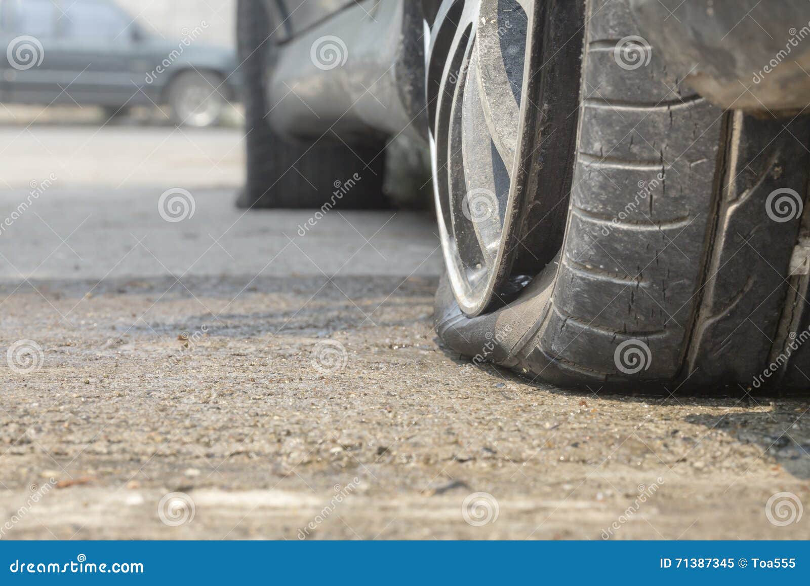 Car flat tire on road stock image. Image of blowout, change - 71387345