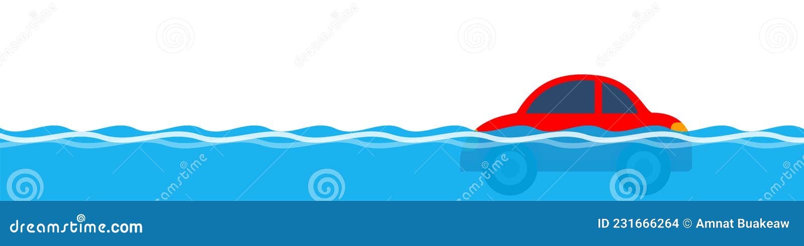 Car Flood, Car Driving In Water, Flood With Red Car On White Background ...
