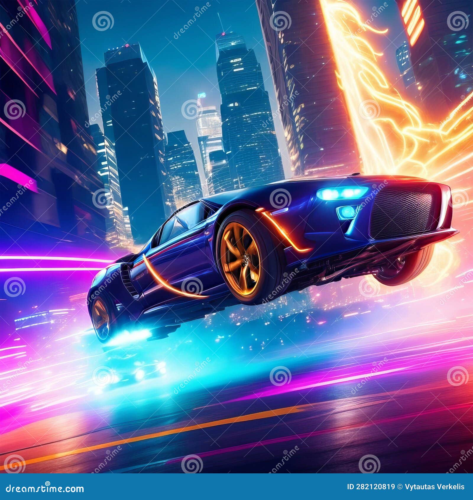 A Car Flying through the Air Over a City Stock Illustration ...