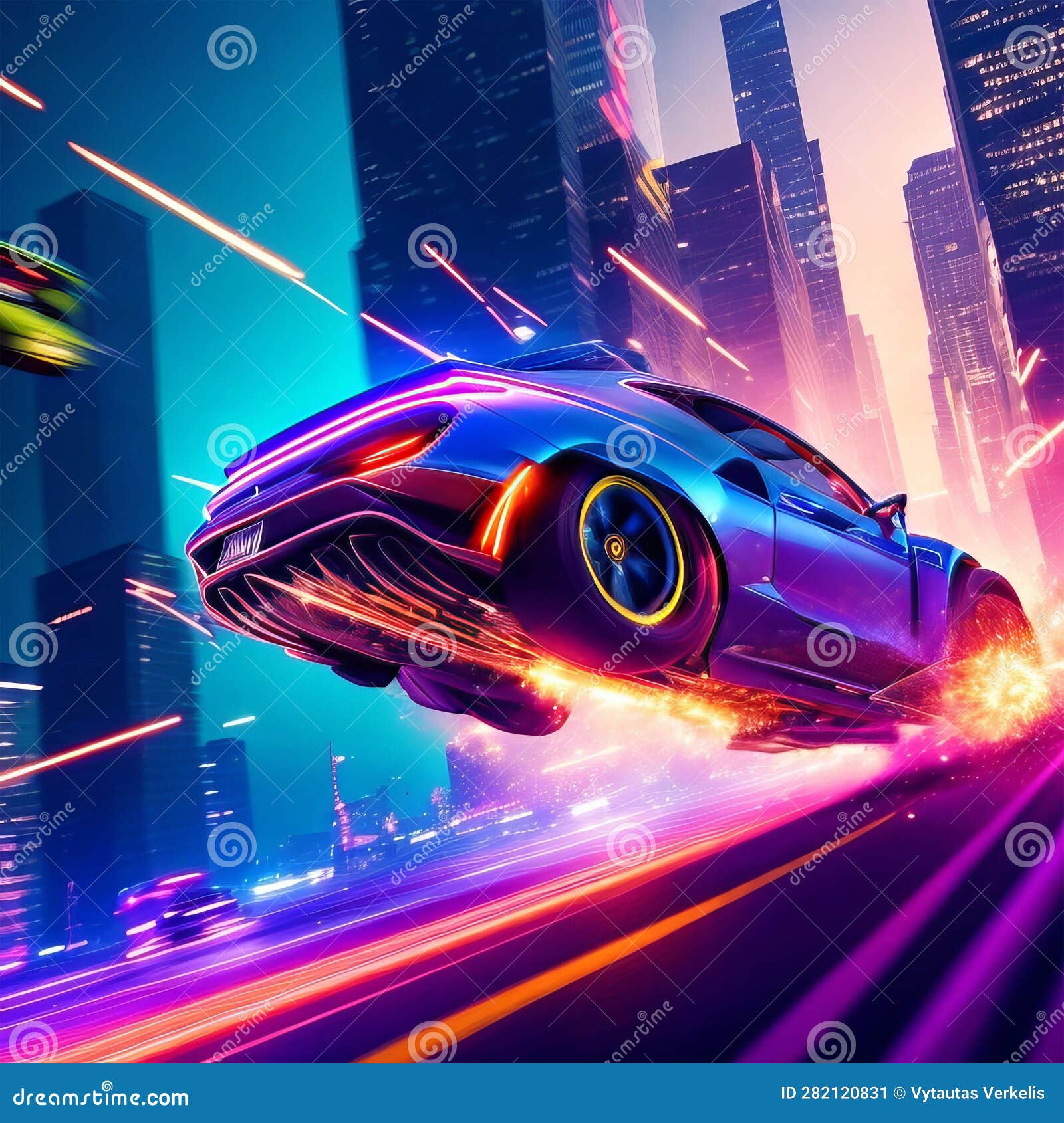 A Car Flying through the Air Over a City Stock Illustration ...