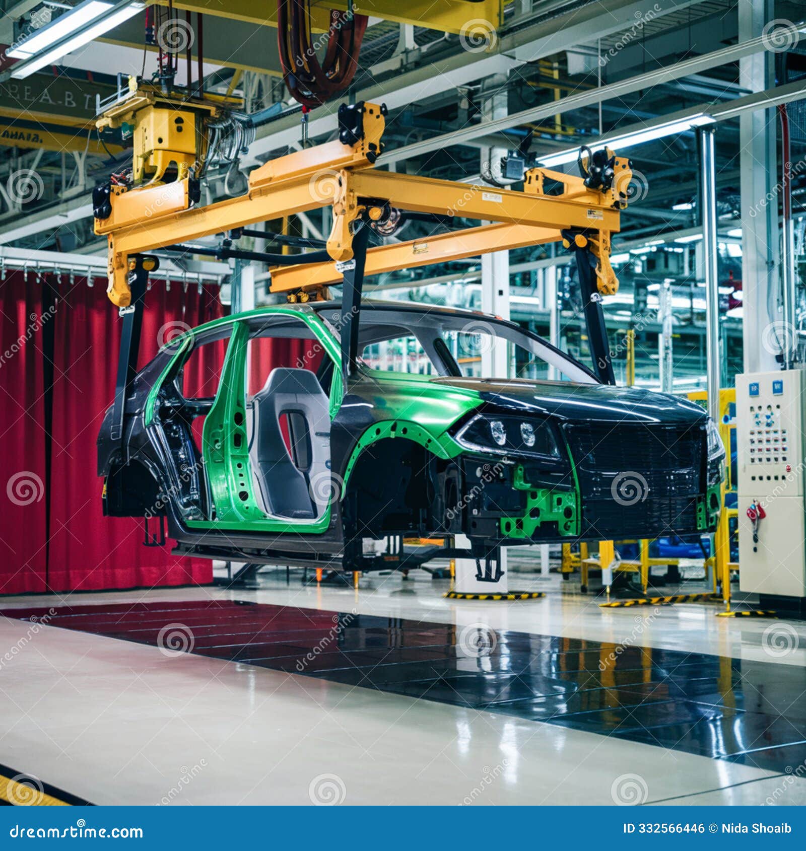 Car Frames on Yellow Platforms Move through High-tech Assembly Line in ...