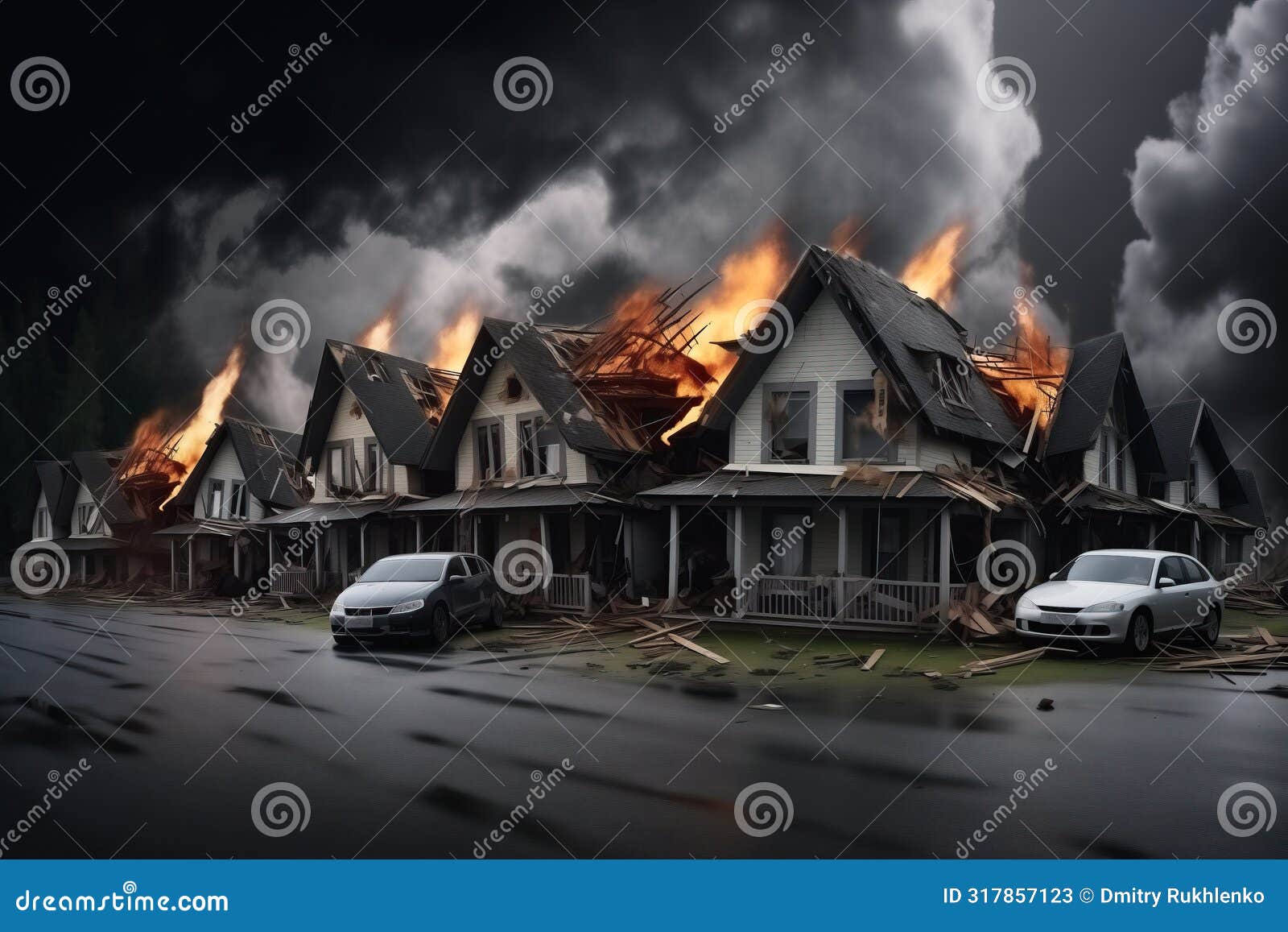 A Car is in Front of a Destroyed House that is on Fire Stock Image ...