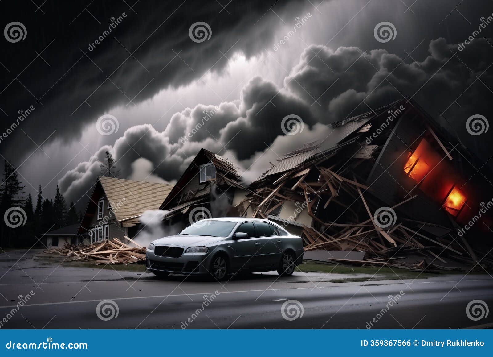 A Car is in Front of a Destroyed House that is on Fire Stock Photo ...