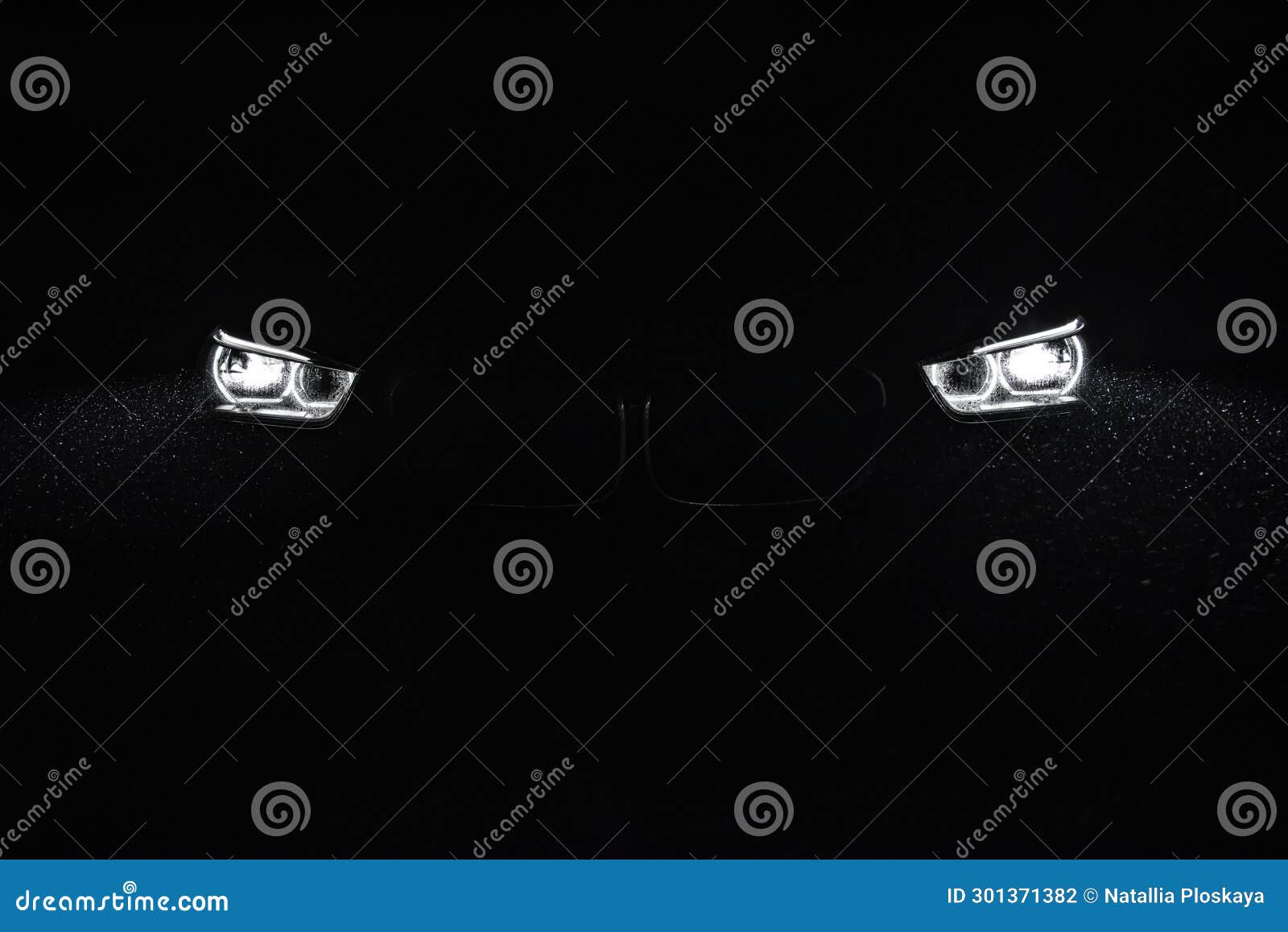 Car Front Headlights Glowing in Dark. Stock Photo - Image of detail ...