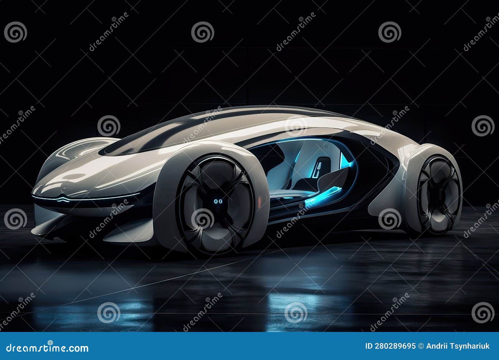 Car of the Future with a Blue Backlight on a Dark Gray Background ...