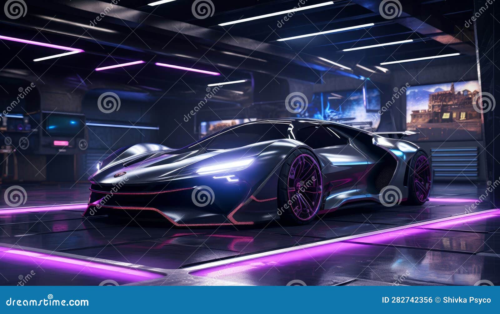 Car in the Garage with Neon Lights Stock Illustration - Illustration of ...