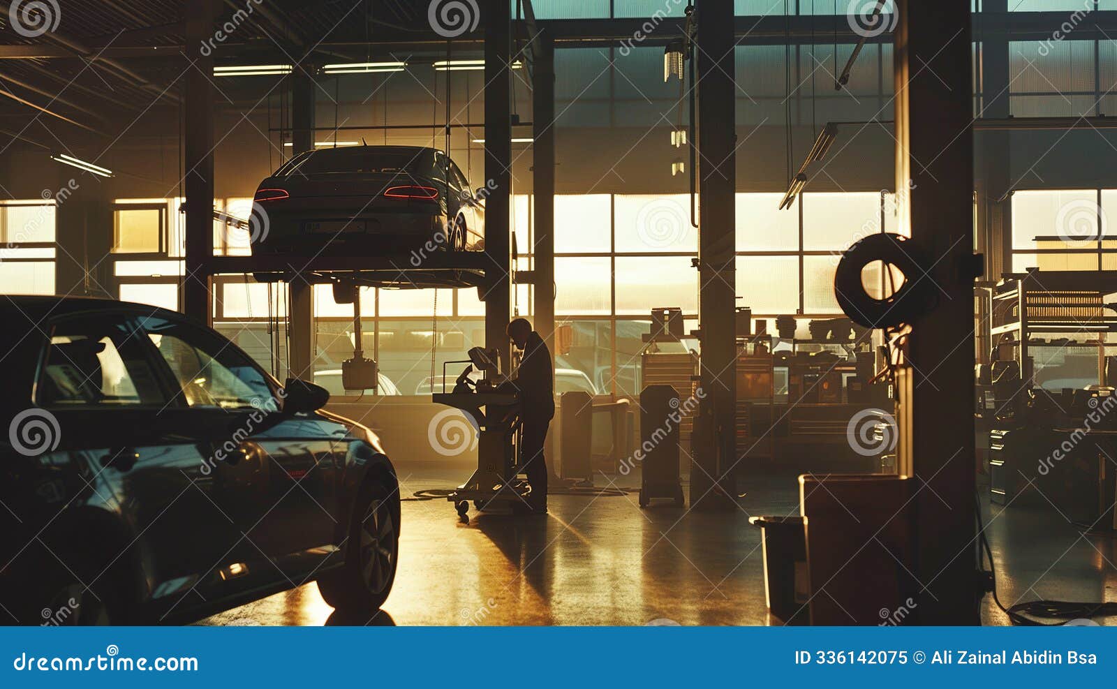 Car Garage Sunset.Evening Vibes Stock Illustration - Illustration of window, tools: 336142075
