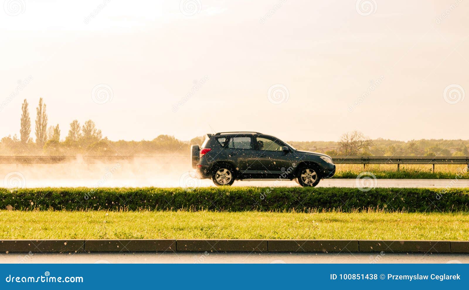 Car Going Fast on Raining Scenery Stock Photo - Image of wheel ...