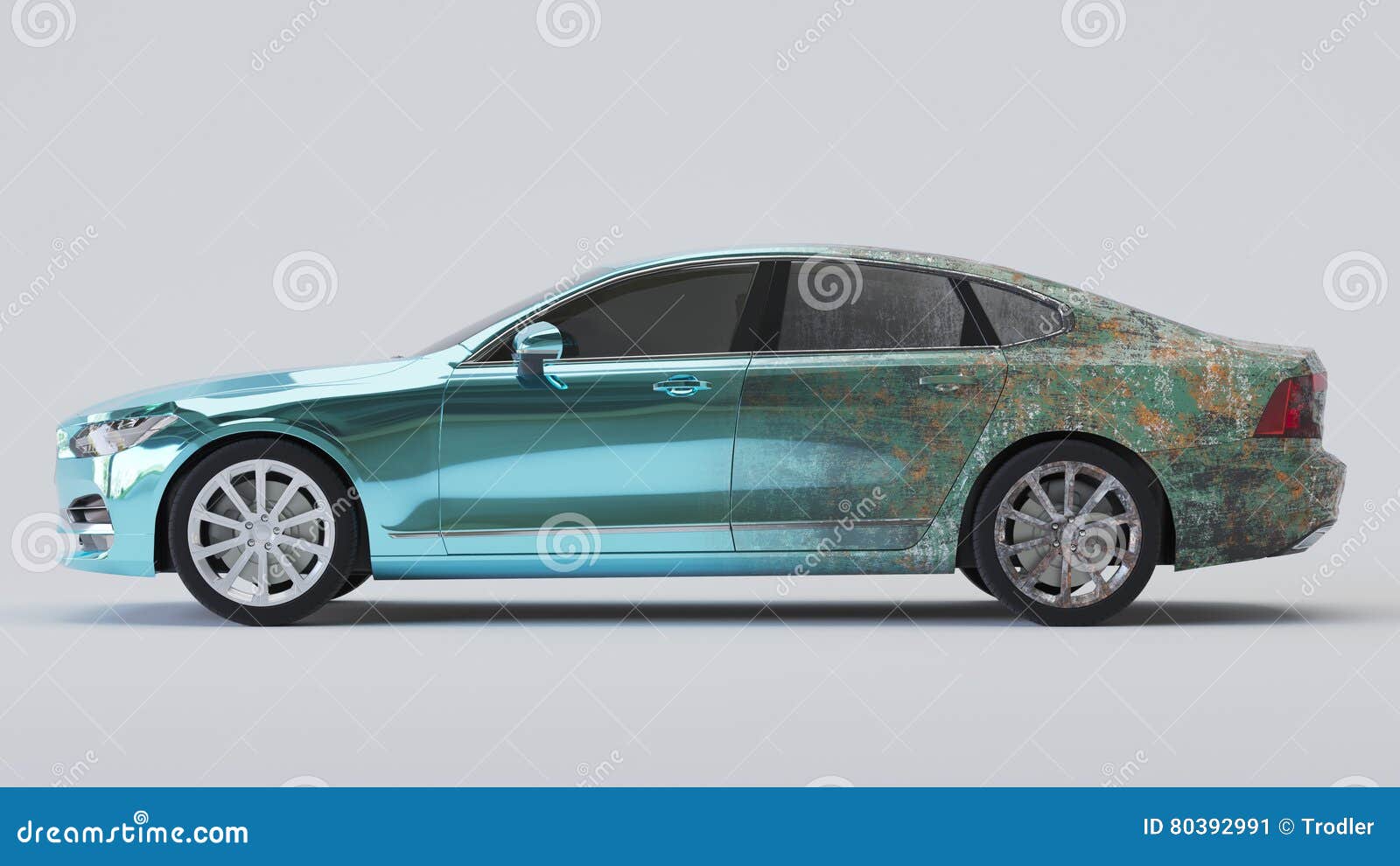 Car Half Aged Dirty and Wrapped in Blue Chrome. 3d Rendering Stock ...
