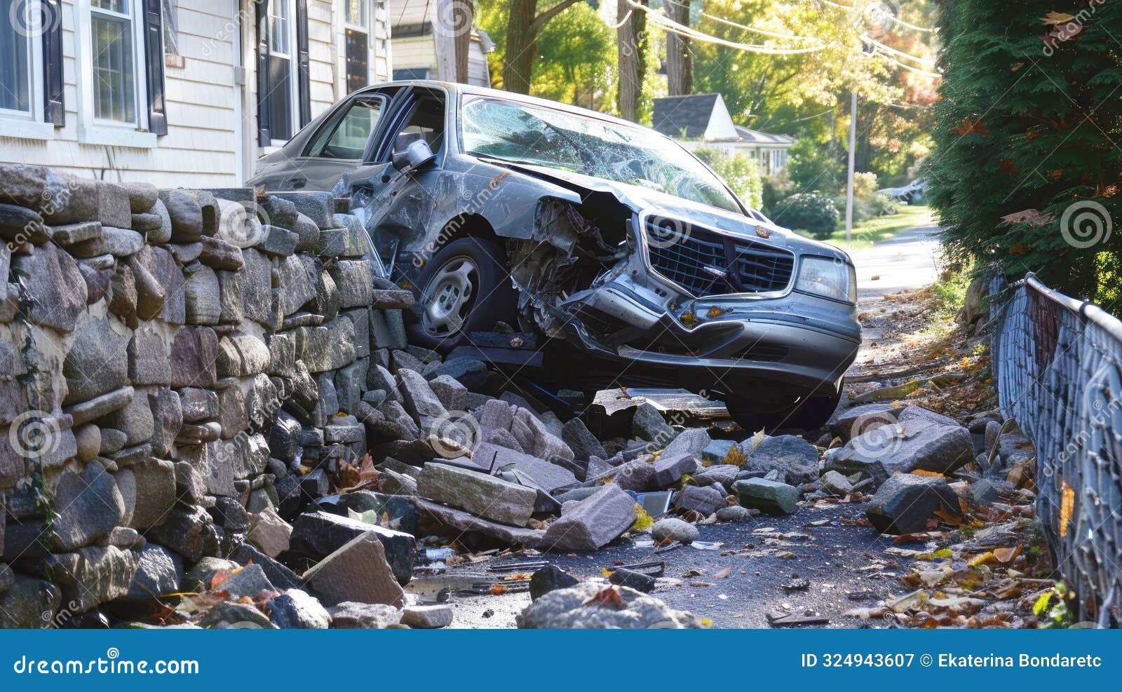 A Car that Has Crashed into a Stone Wall, Car Accident on the Street ...