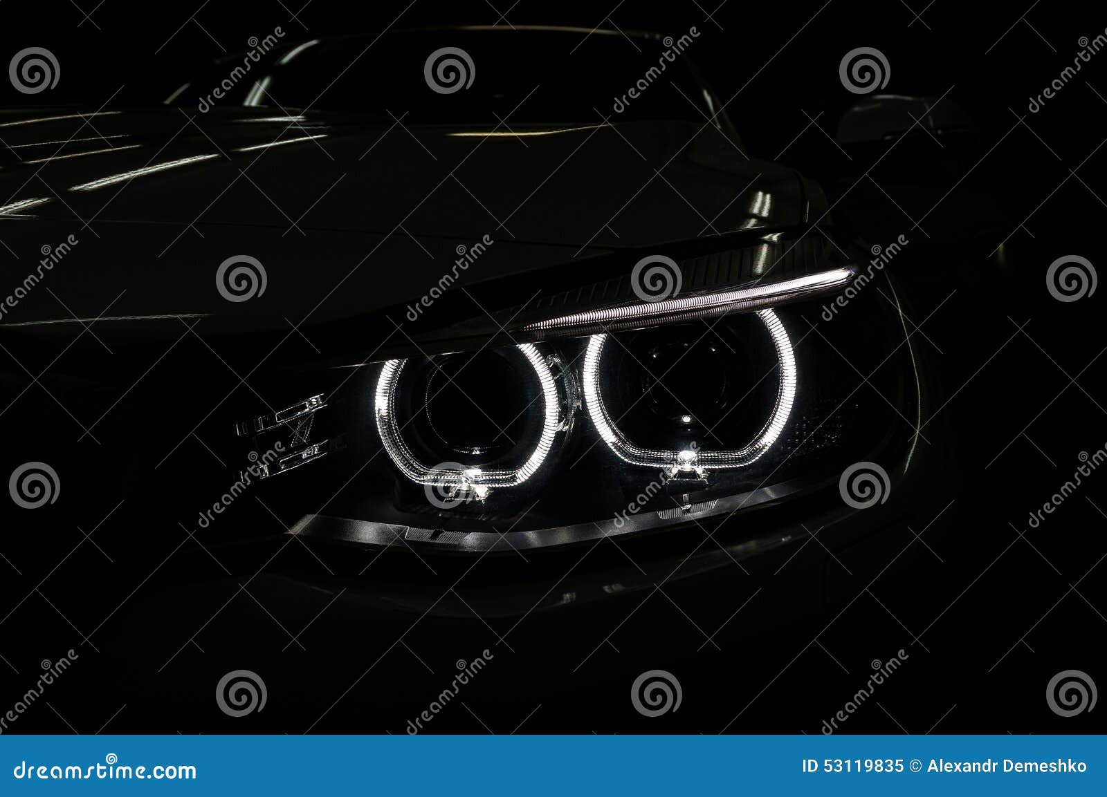 Car Headlight with Backlight on Black. Stock Image - Image of glass ...