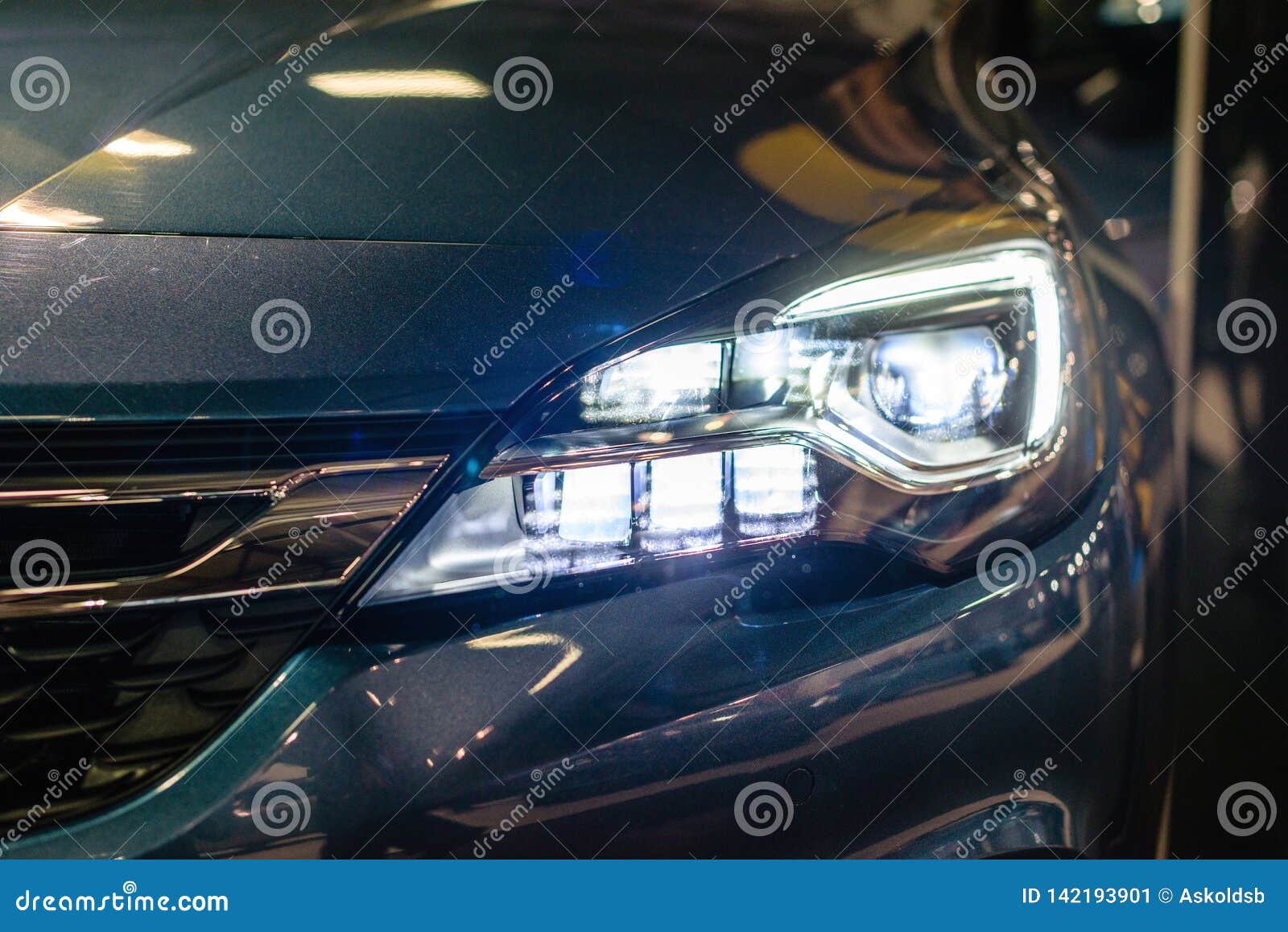 Car Headlight with Backlight. Exterior Detail.Dark Color Car - Image ...