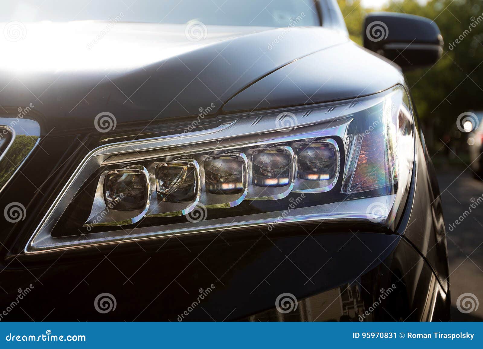 Car headlight stock image. Image of hood, black, mirror - 95970831