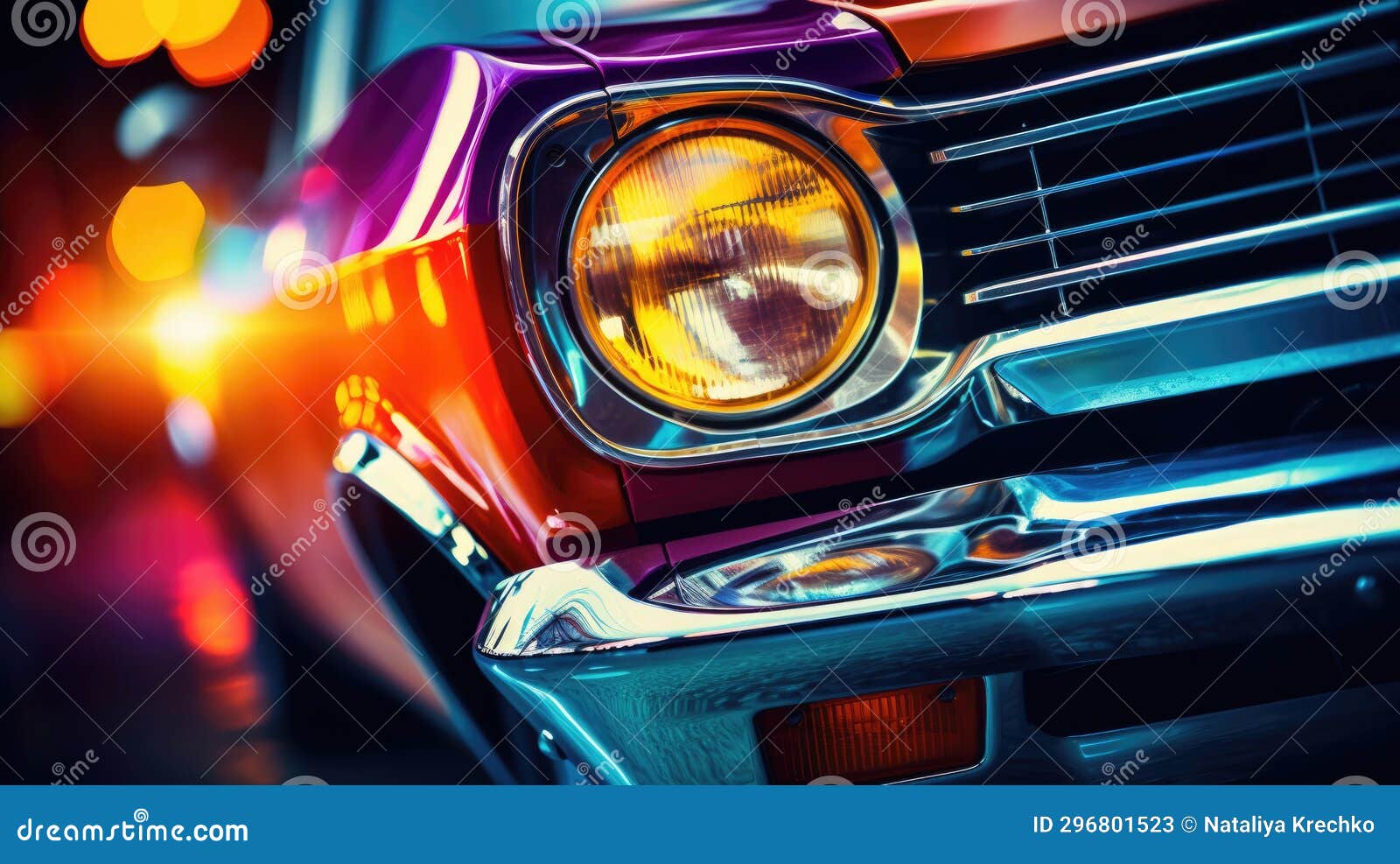 Car Headlights with Light Rays Banner. Car Headlight Close Up Stock ...