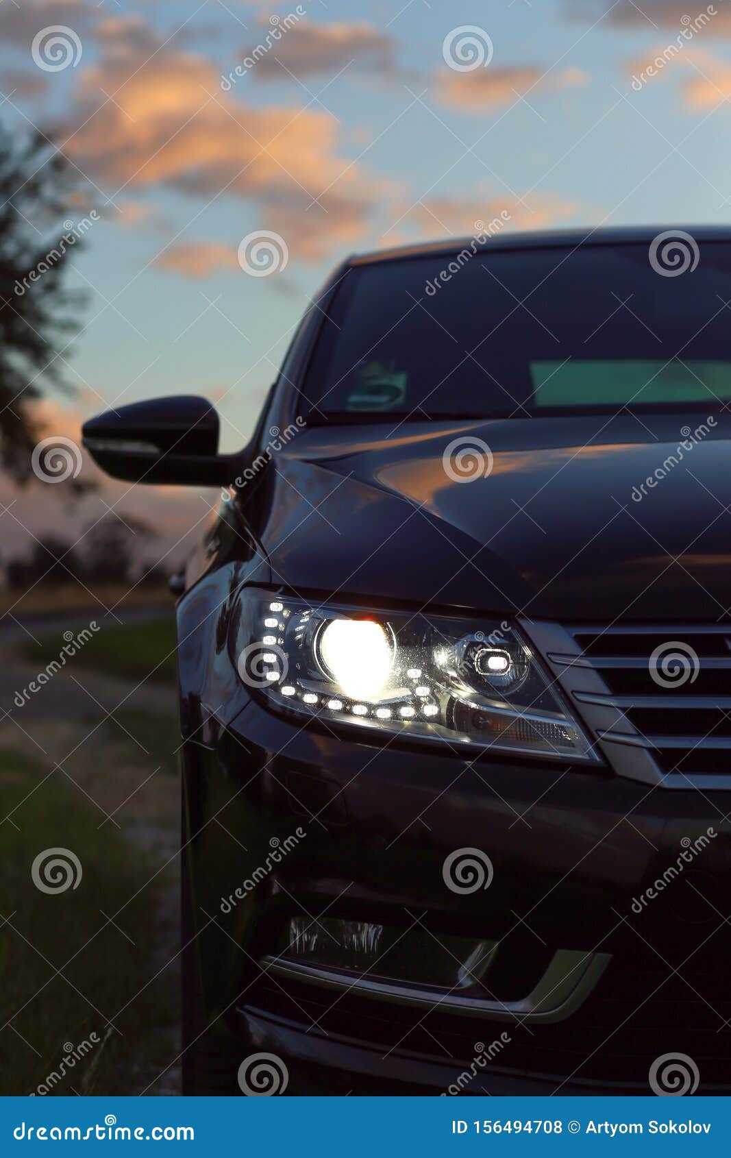 Car Headlights Lit at Night, Headlights at Night Stock Photo - Image of ...