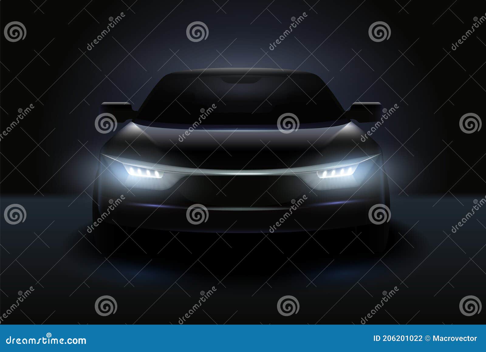 Car Headlights. Realistic Car With Bright Headlights In Dark, Rays ...