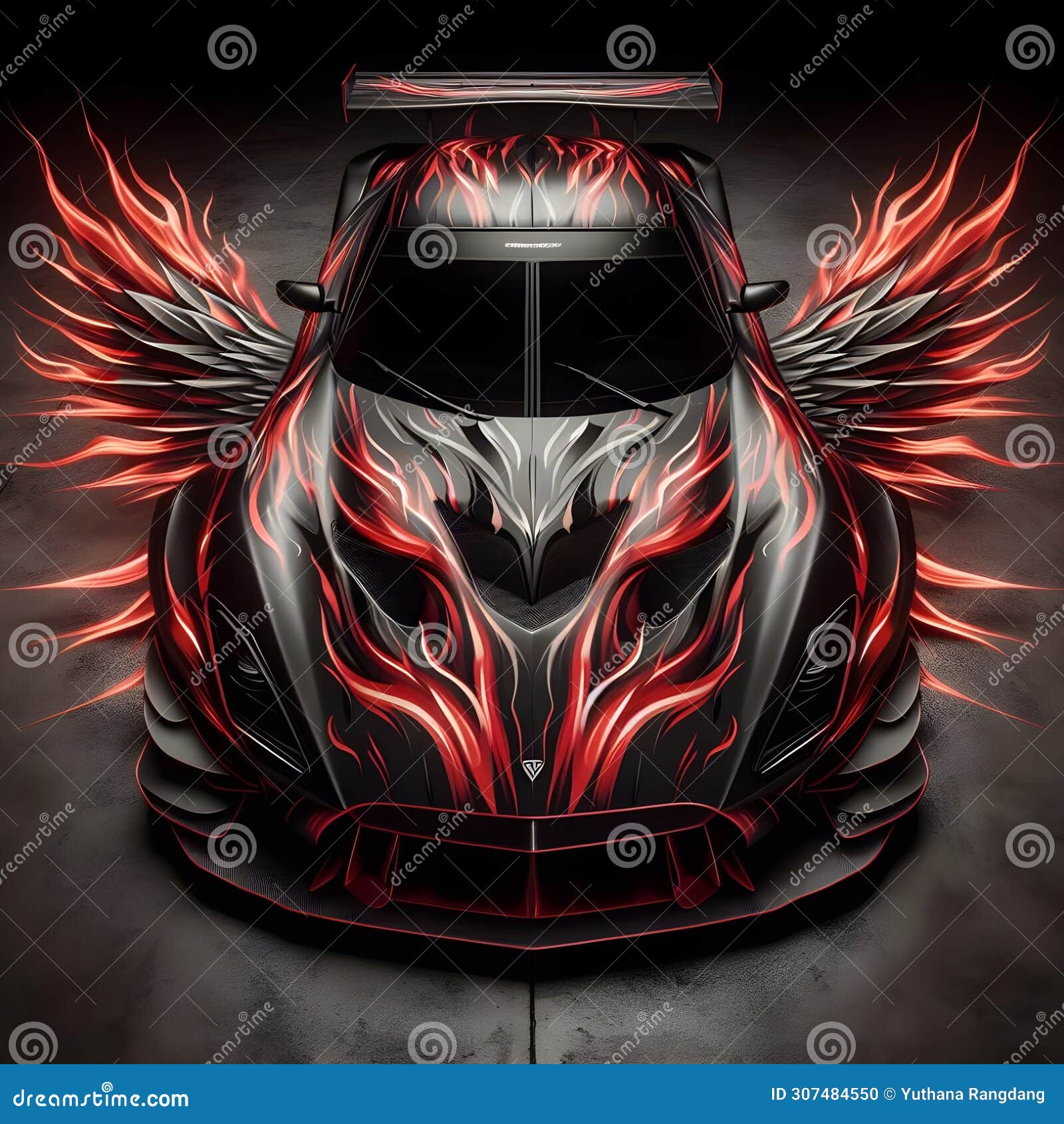Car with Hood of Flaming Wings, Red and Black, 3D Rendering. Stock ... Car with Hood of Flaming Wings, Red and Black, 3D Rendering. Stock ...
