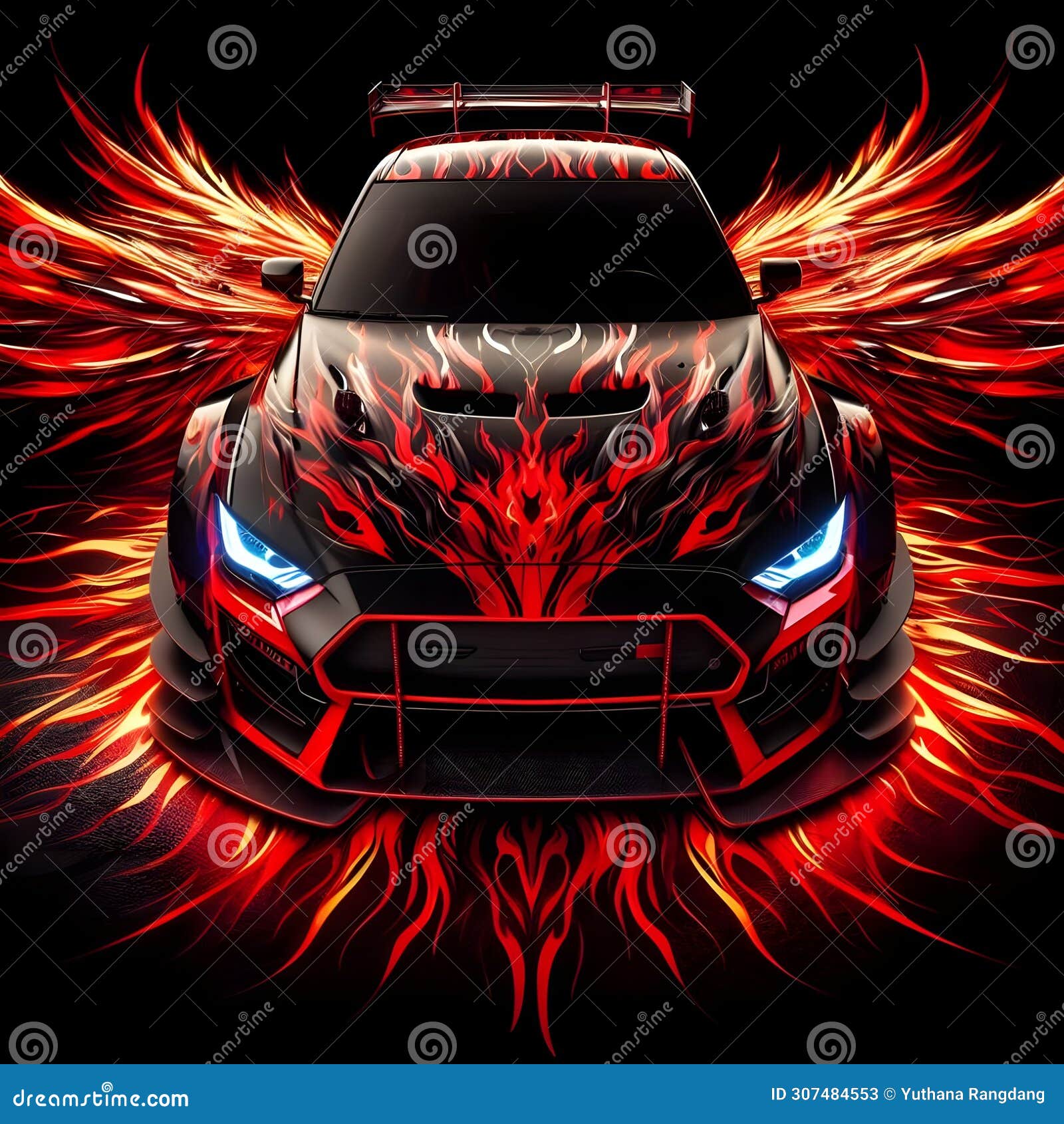 Car with Hood of Flaming Wings, Red and Black, 3D Rendering. Stock ... Car with Hood of Flaming Wings, Red and Black, 3D Rendering. Stock ...