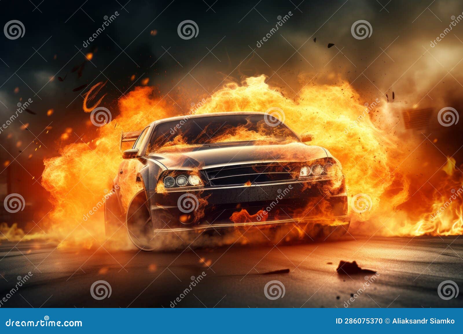 Car Ignites in Drag Racing Start with Smoke and Flames Stock ...