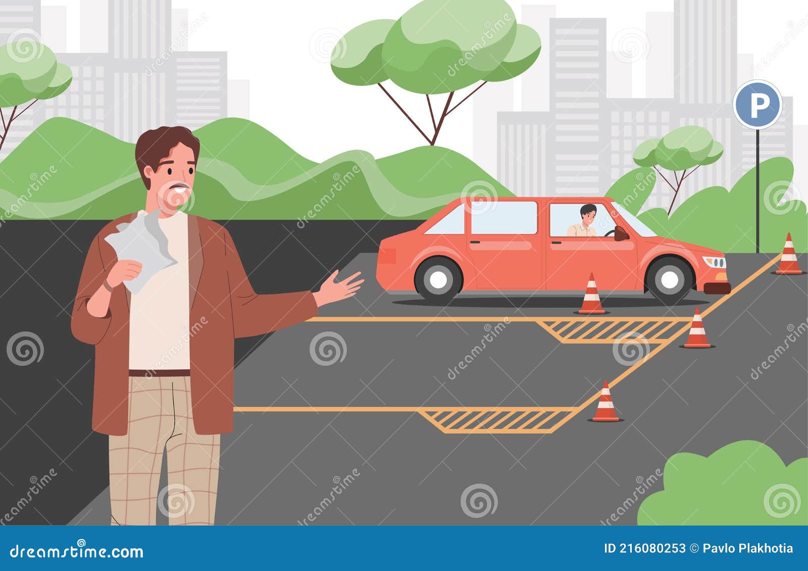 Car Instructor Teaching Young Man To Drive a Car during Driving Lessons ...