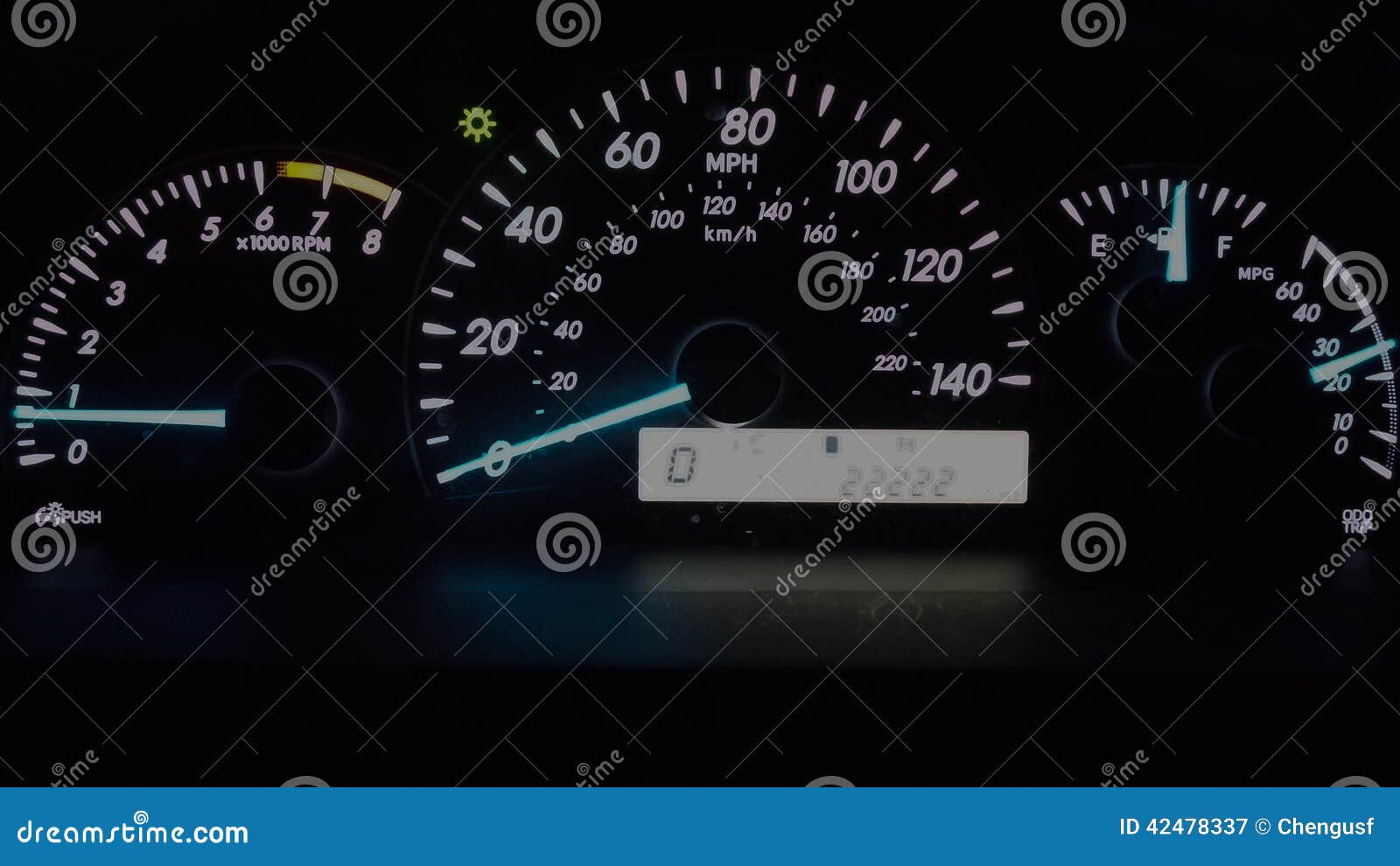 Car Instrument Panel (22222 Miles). Illuminated in the Night. Stock ...