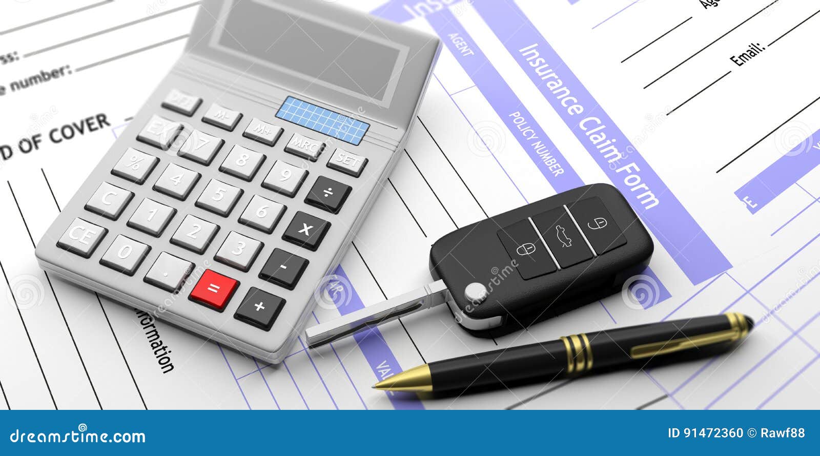 Car Insurance Claim Form and Calculator. 3d Illustration Stock ...