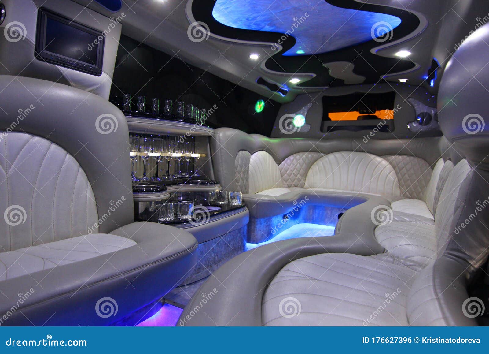 Car Interior with Comfortable Sofas, Bar and Lights Stock Photo - Image ...