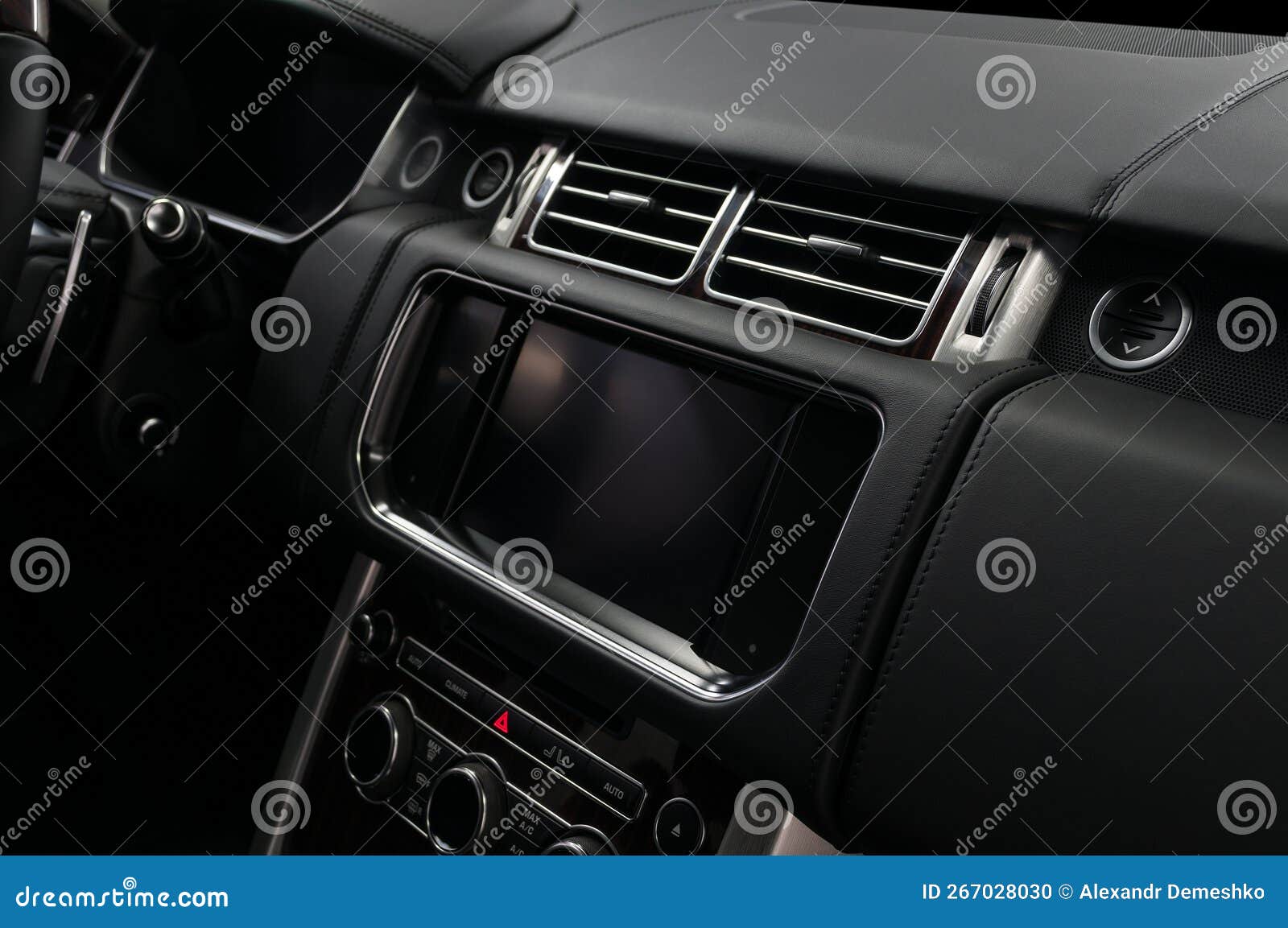 Car Interior Detail. Panel with Multimedia Screen, Control Buttons and ...