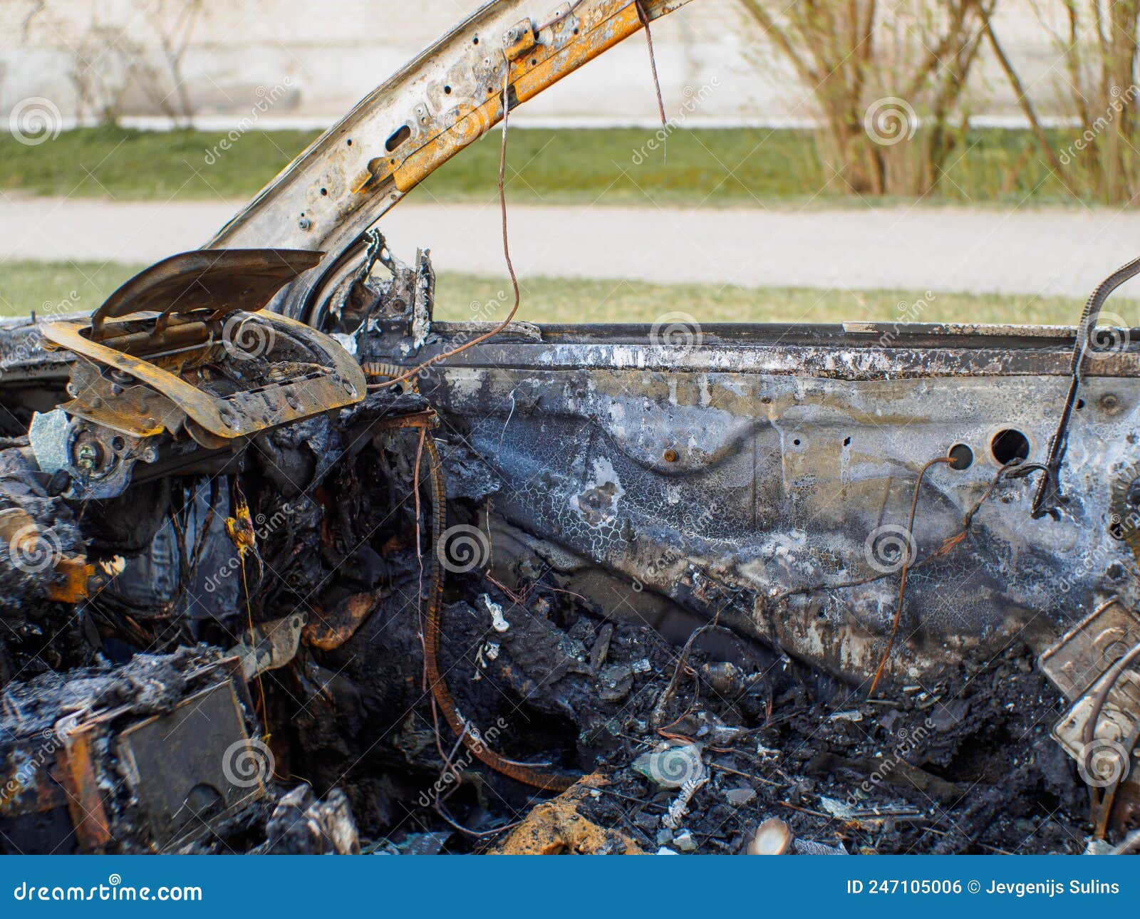 Car Interior after Fire. Selective Focus on Burned Side Door Stock ...