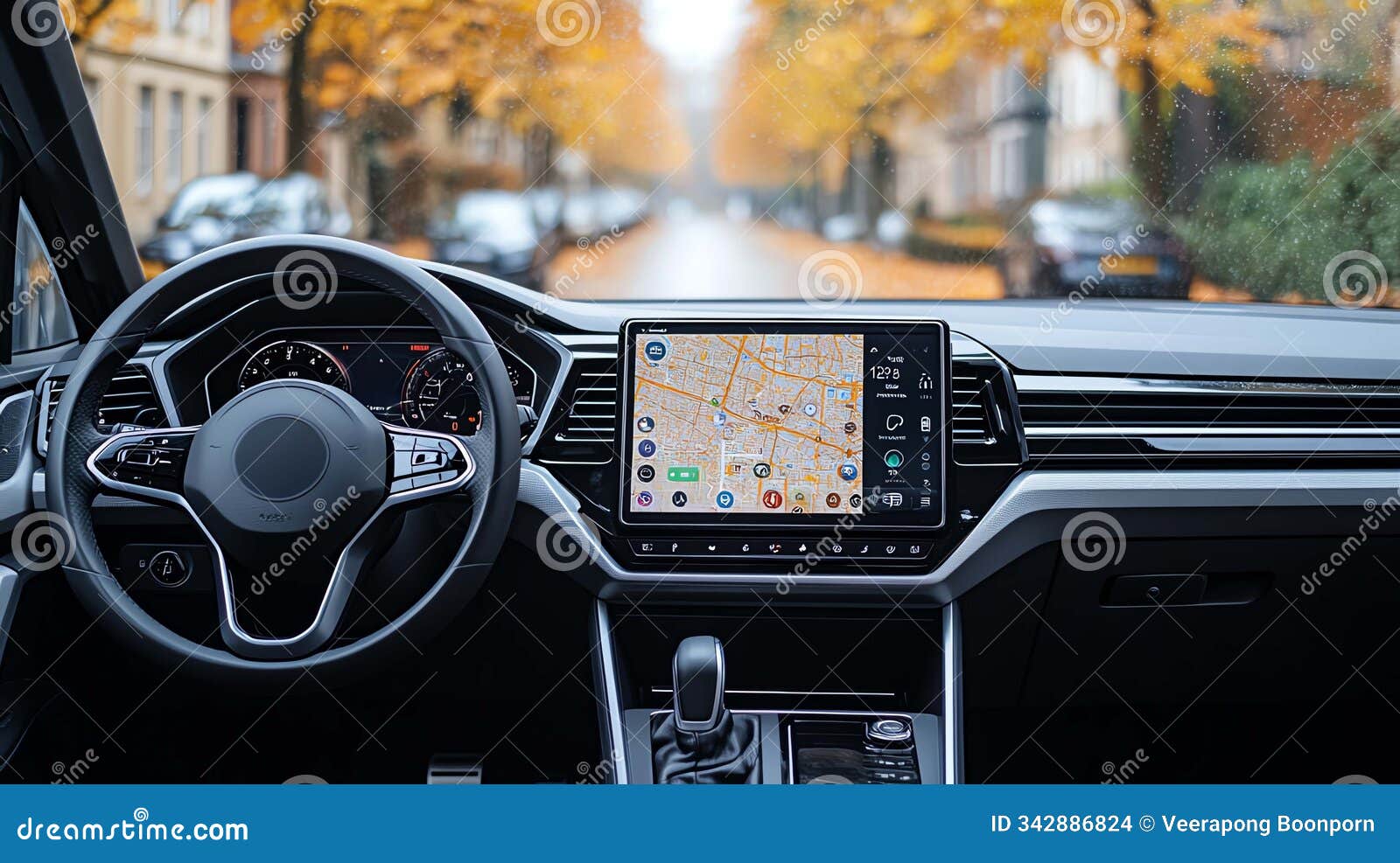 Car Interior View with a Modern Navigation Screen and Fall Scenery ...