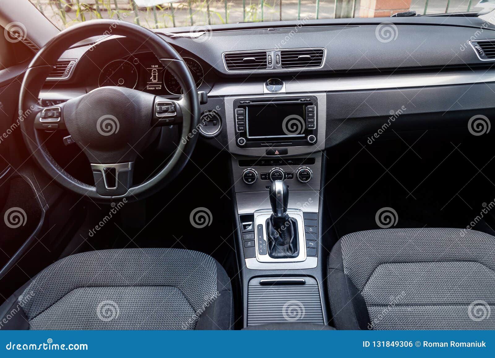 Car Interior, View on Steering Wheel and Dashboard Stock Photo - Image ...