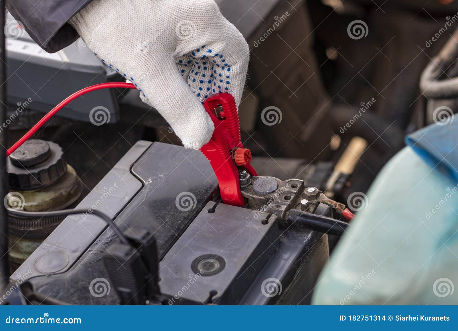Car with Internal Combustion Engine. the Hood is Open and the Battery ...