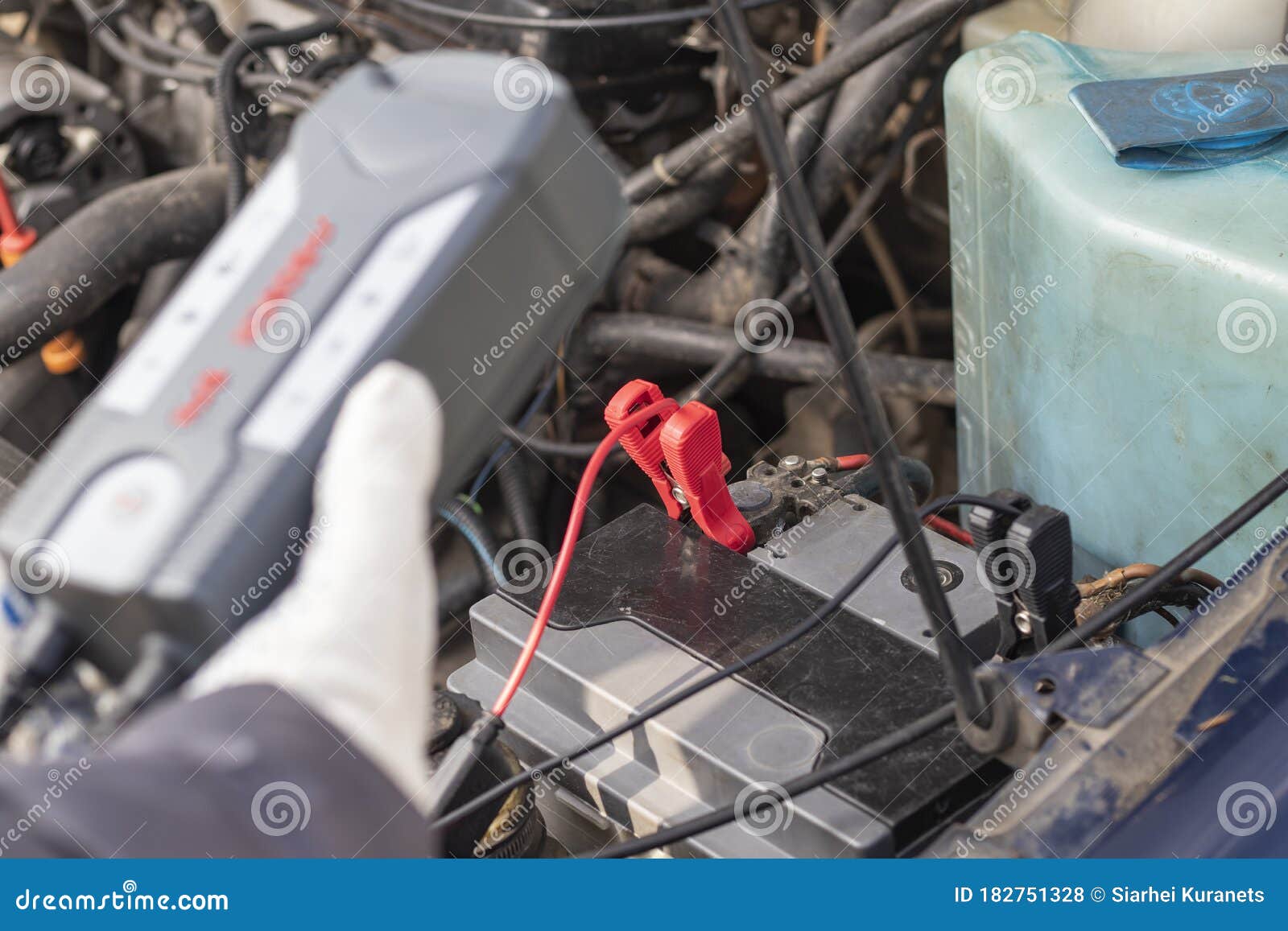 Car with Internal Combustion Engine. the Hood is Open and the Battery ...