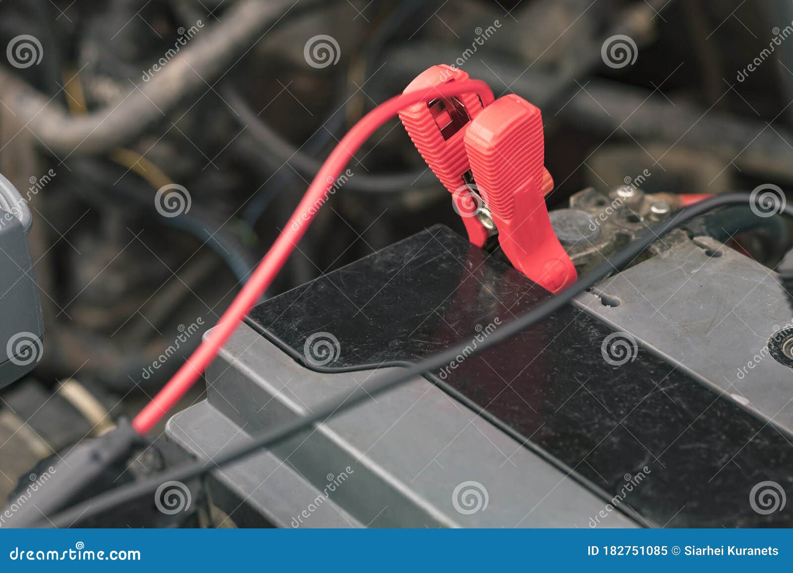 Car with Internal Combustion Engine. the Hood is Open and the Battery ...