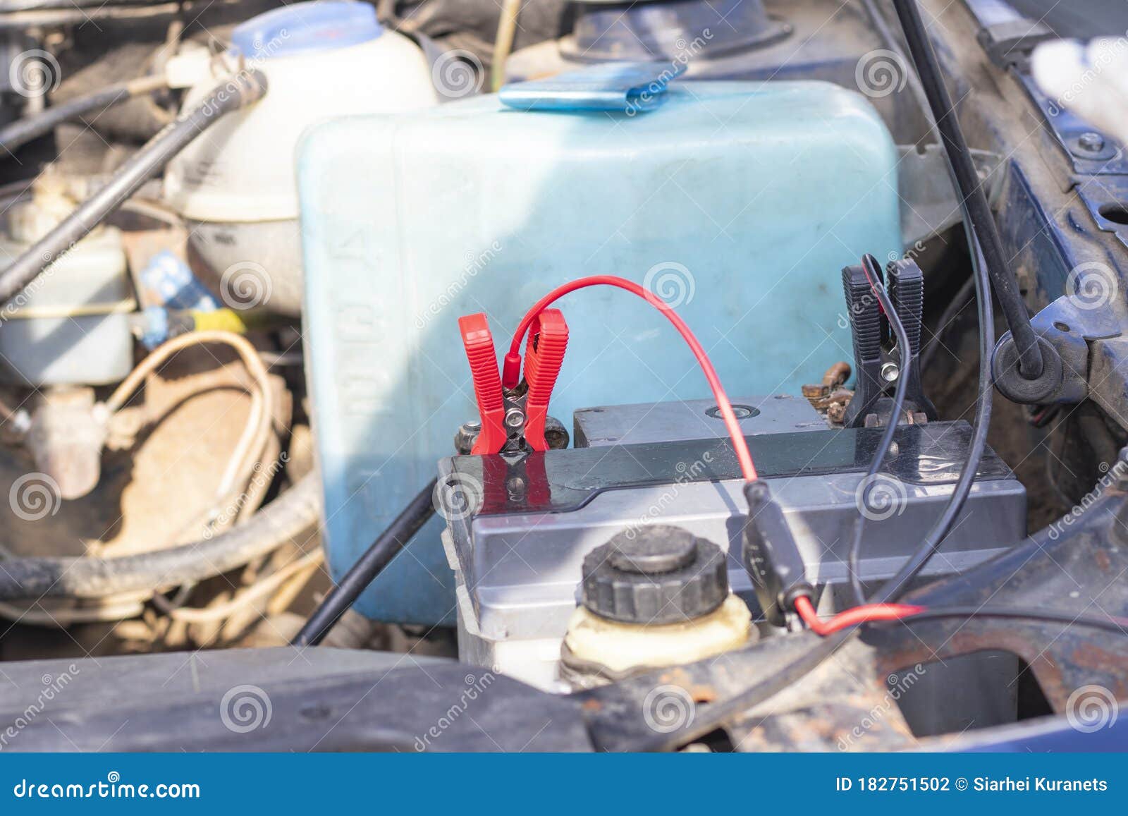 Car with Internal Combustion Engine. the Hood is Open and the Battery ...