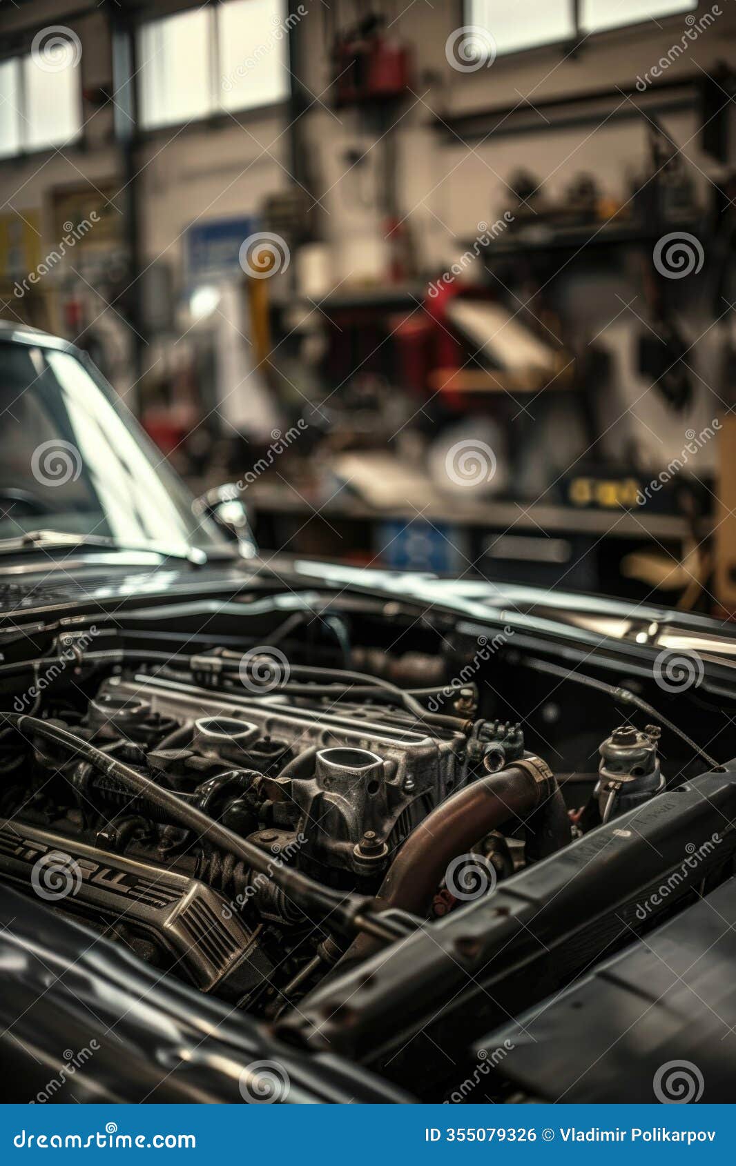 A Car with Its Engine Exposed in a Garage Stock Photo - Image of repair ...