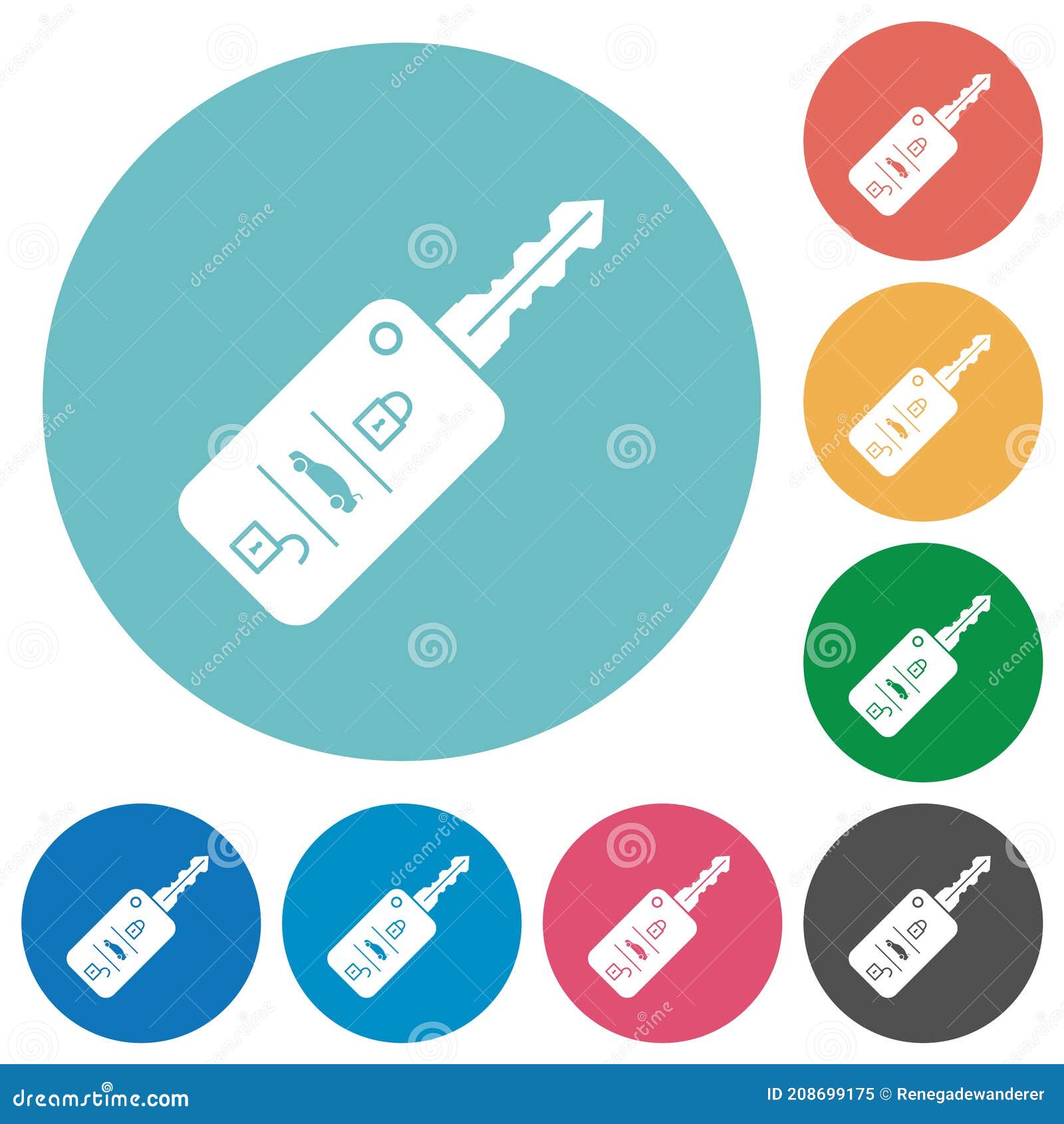 Car Key with Remote Control Flat Round Icons Stock Vector ...