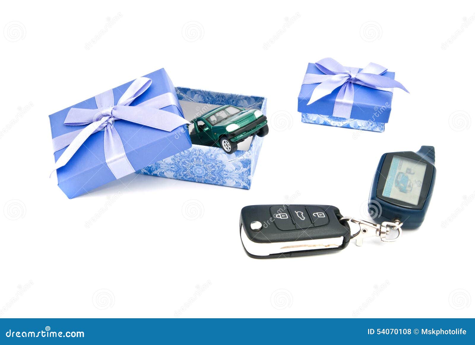 Car Keys, Green Car and Blue Gift Boxes Stock Photo - Image of auto ...