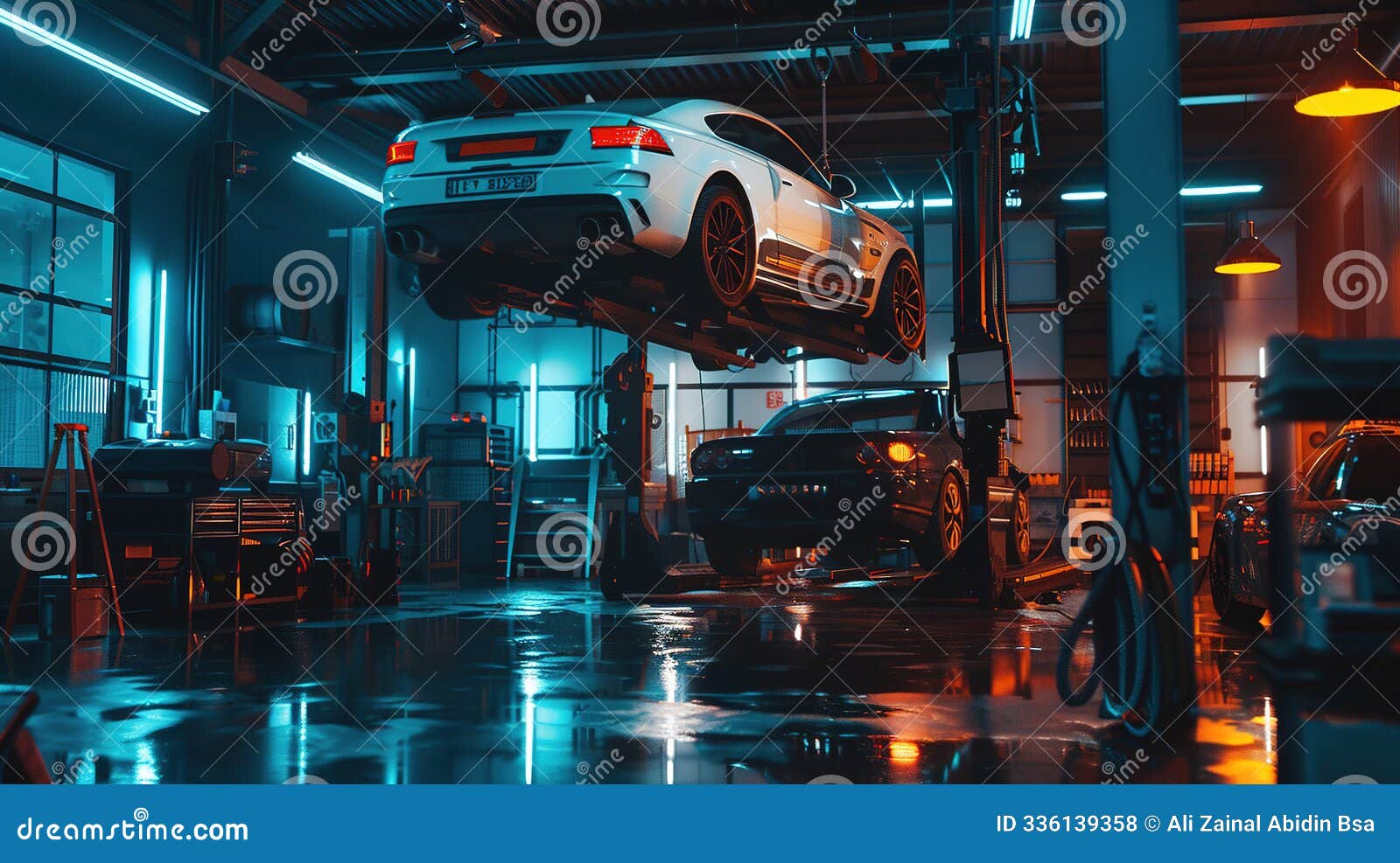 Car on a Lift in a Garage.Getting a Tune-Up Stock Illustration ...