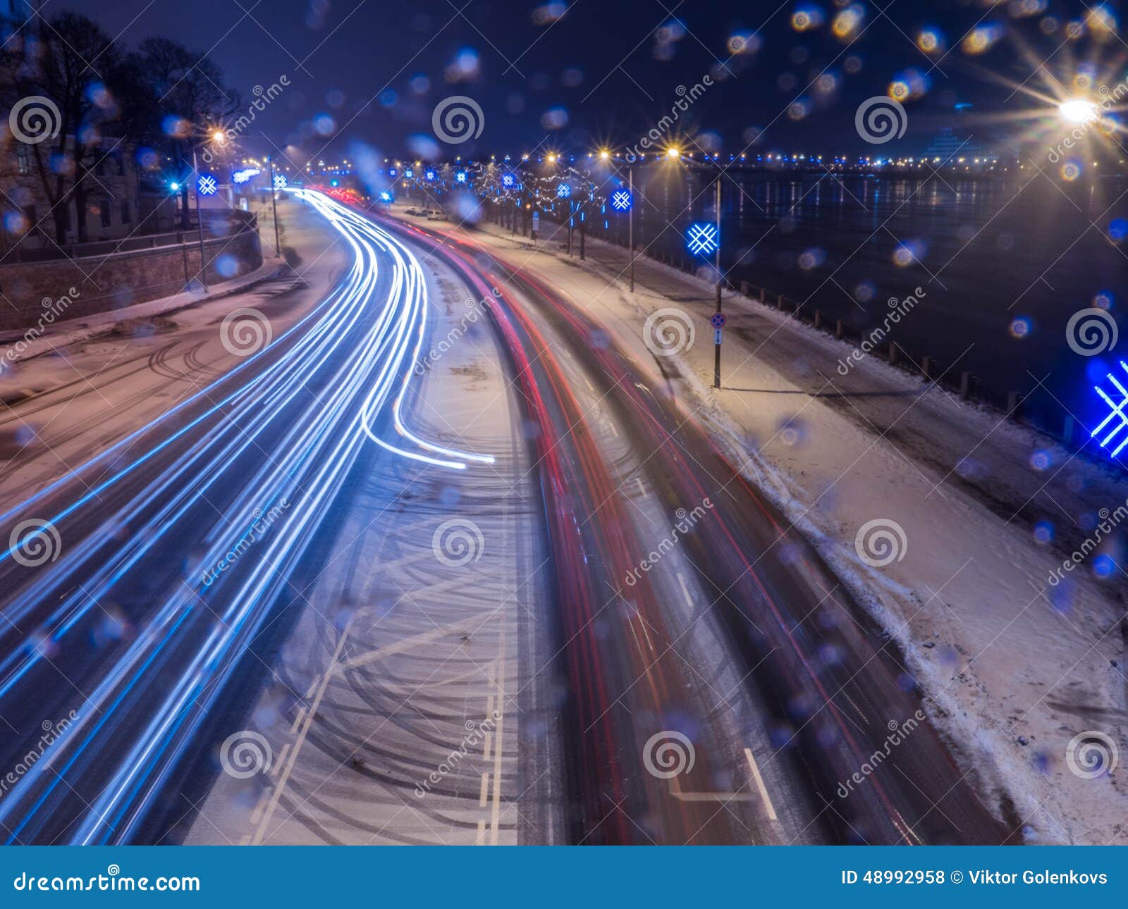 Car Light at Night on Ice Road in Snow Winter Stock Photo - Image of ...