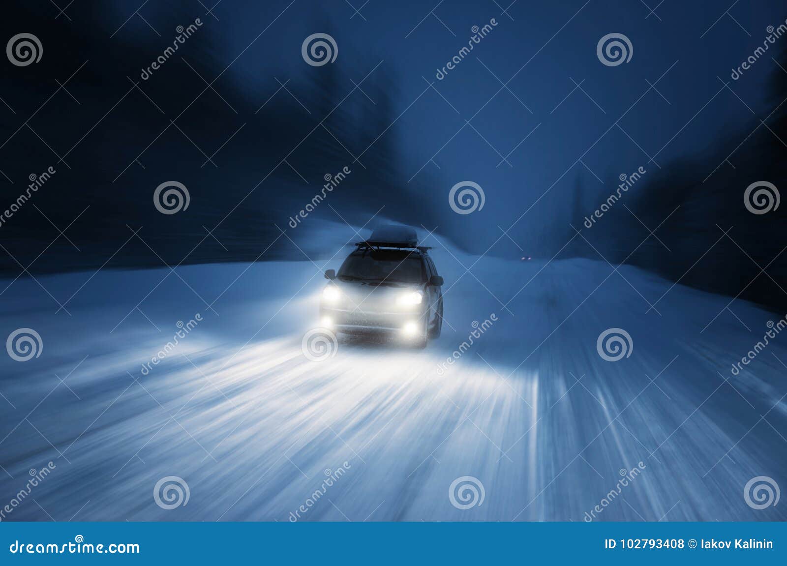 Car Lights in Winter Forest Stock Photo - Image of february, nature ...