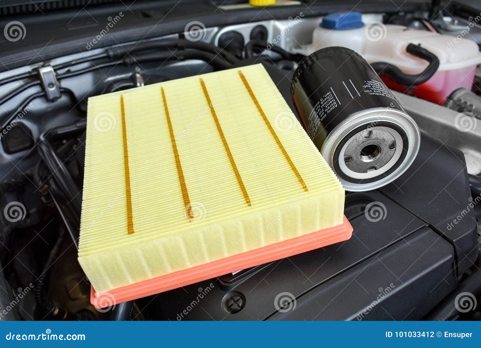 Oil and Air Filter on Car Engine Stock Photo - Image of filter, engine ...