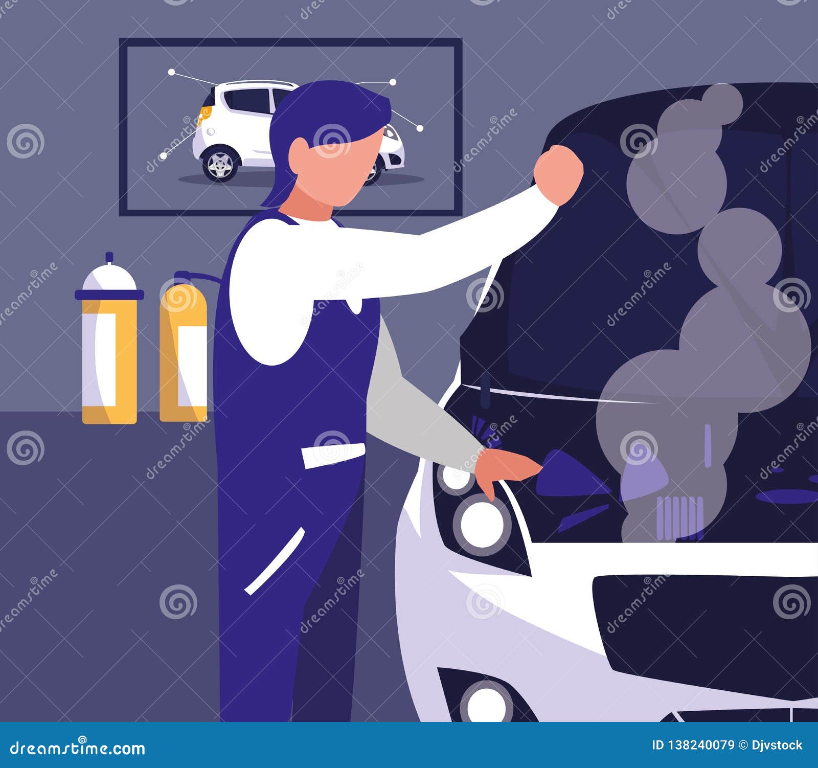 Car in Maintenance Workshop with Mechanic Working Stock Vector ...