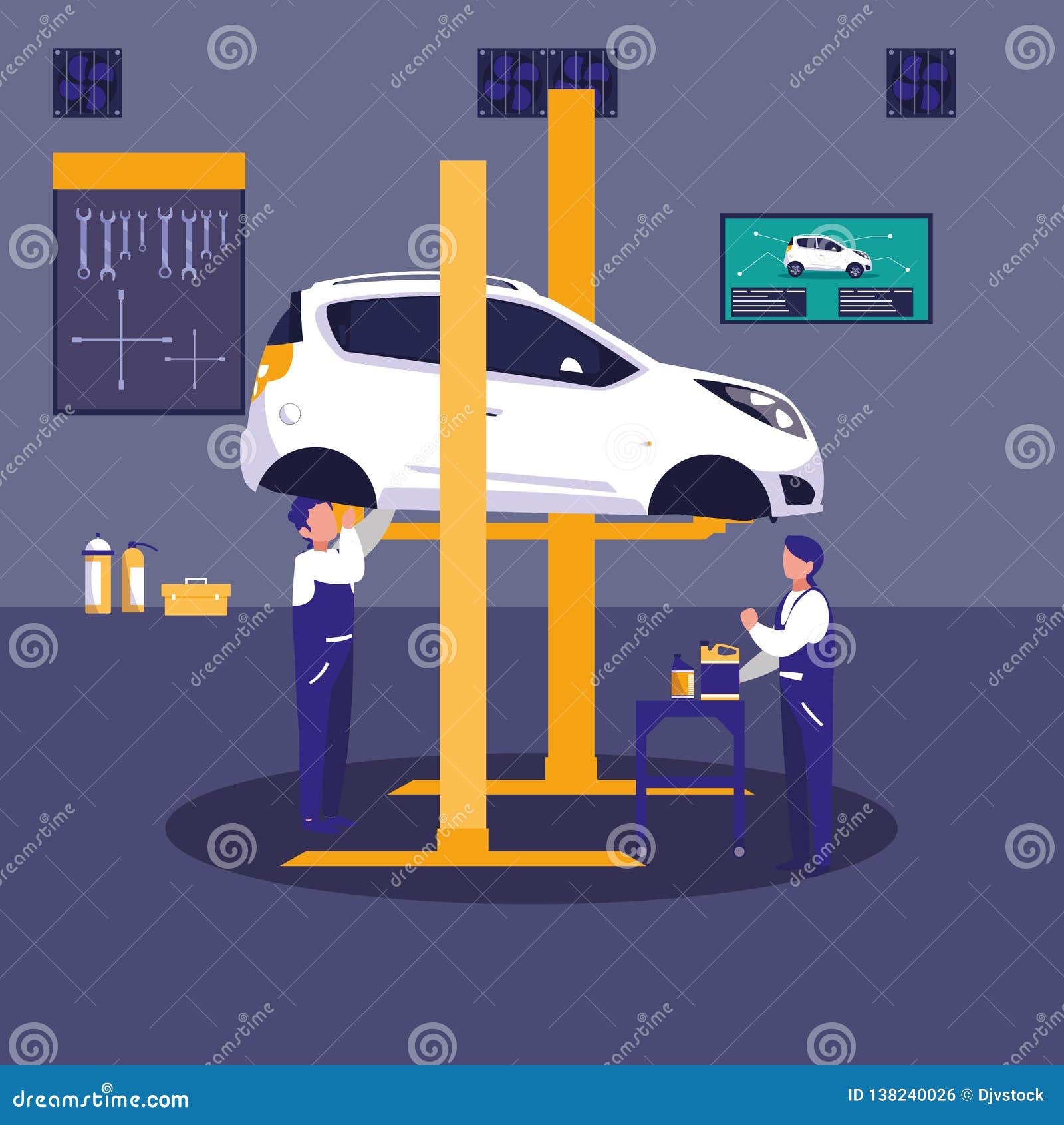 Car in Maintenance Workshop with Mechanics Team Stock Vector ...