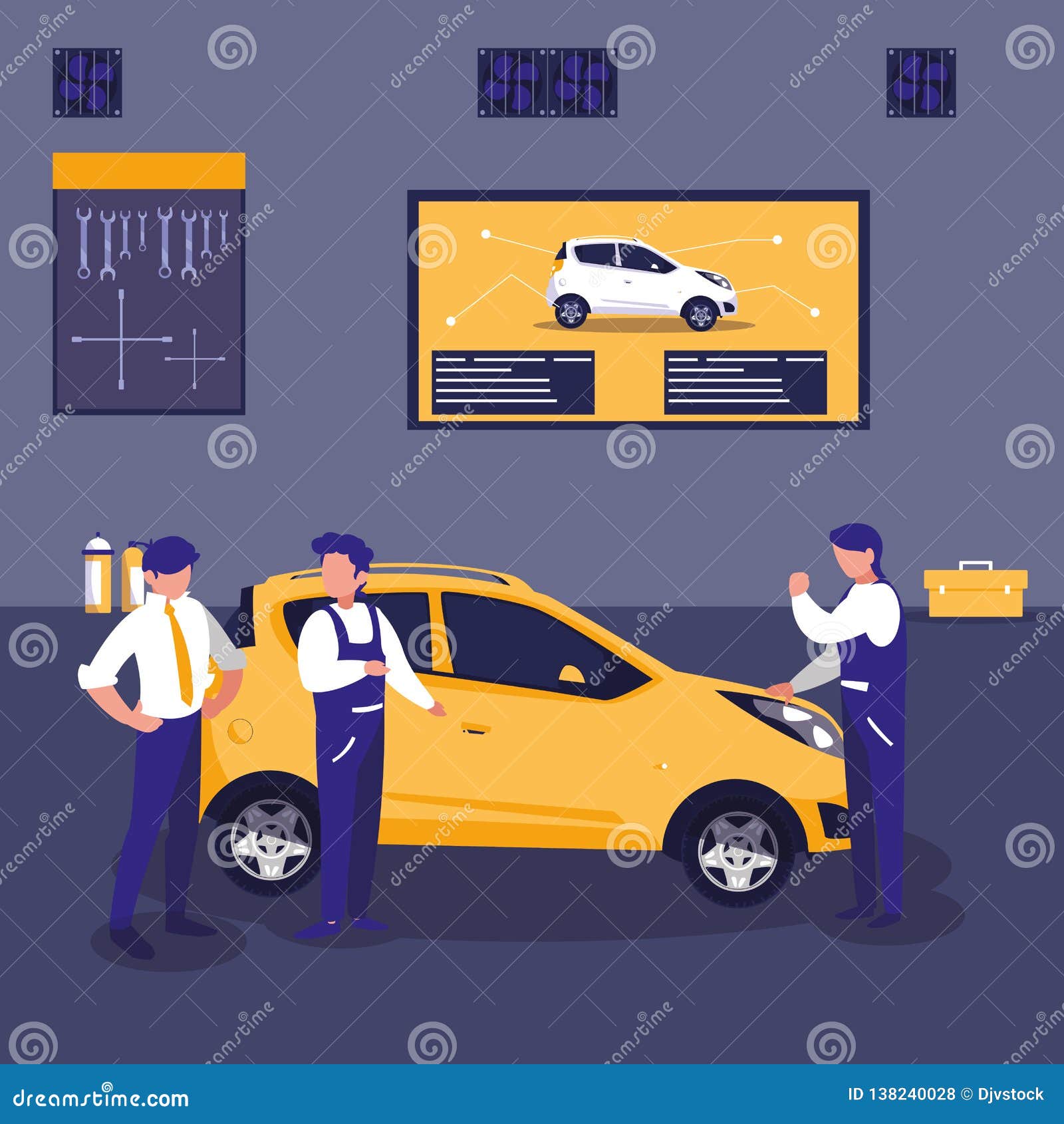 Car in Maintenance Workshop with Mechanics Team Stock Vector ...