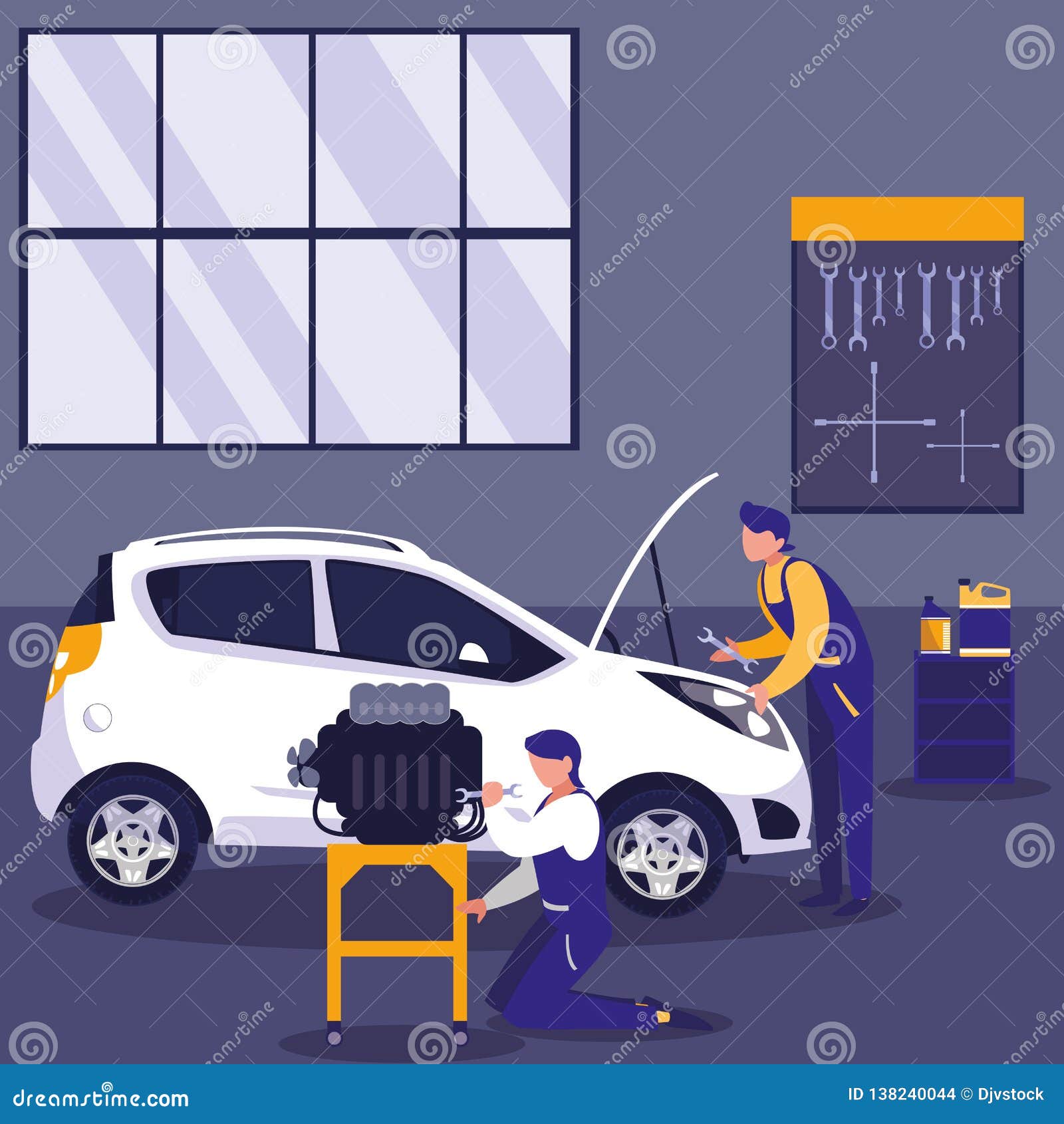 Car in Maintenance Workshop with Mechanics Team Stock Vector ...